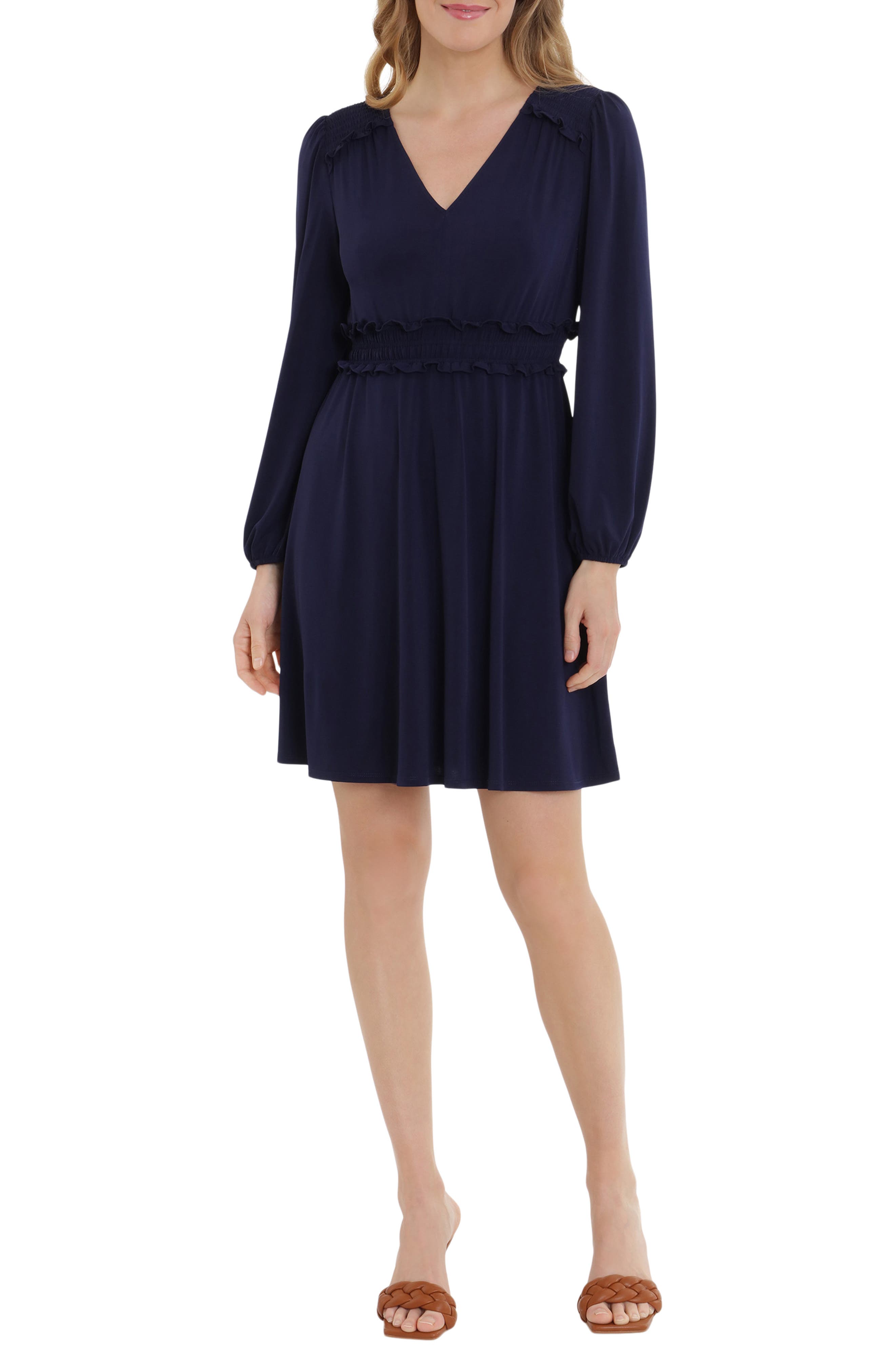 London Times V-Neck Long Sleeve Smocked Dress | Nordstromrack