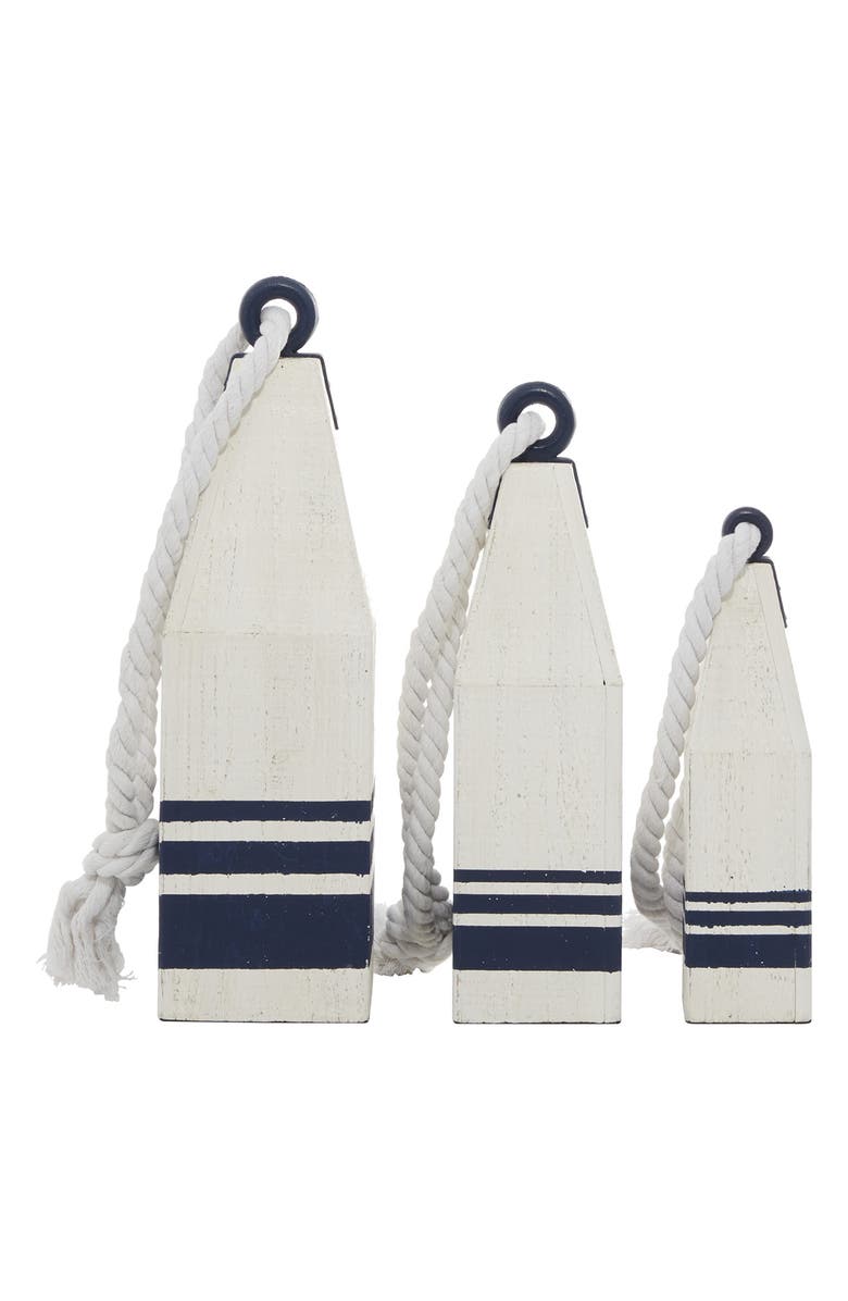 WILLOW ROW White Wood Handmade Buoy Sculpture with Rope Accent - Set of ...
