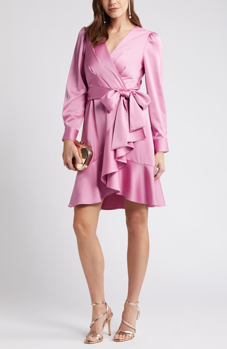 Tahari ASL Wrap Front Long Sleeve Satin Charmeuse Dress | Nordstromrack