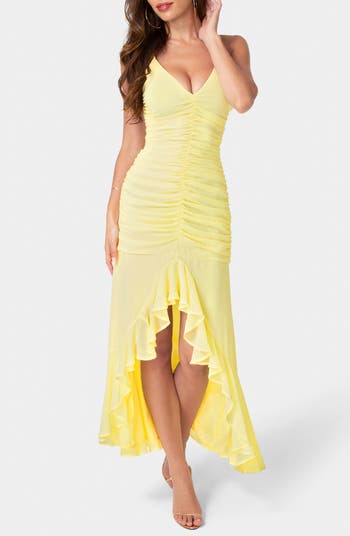 bebe Cascading Ruffle Ruched Chiffon High-Low Dress | Nordstromrack