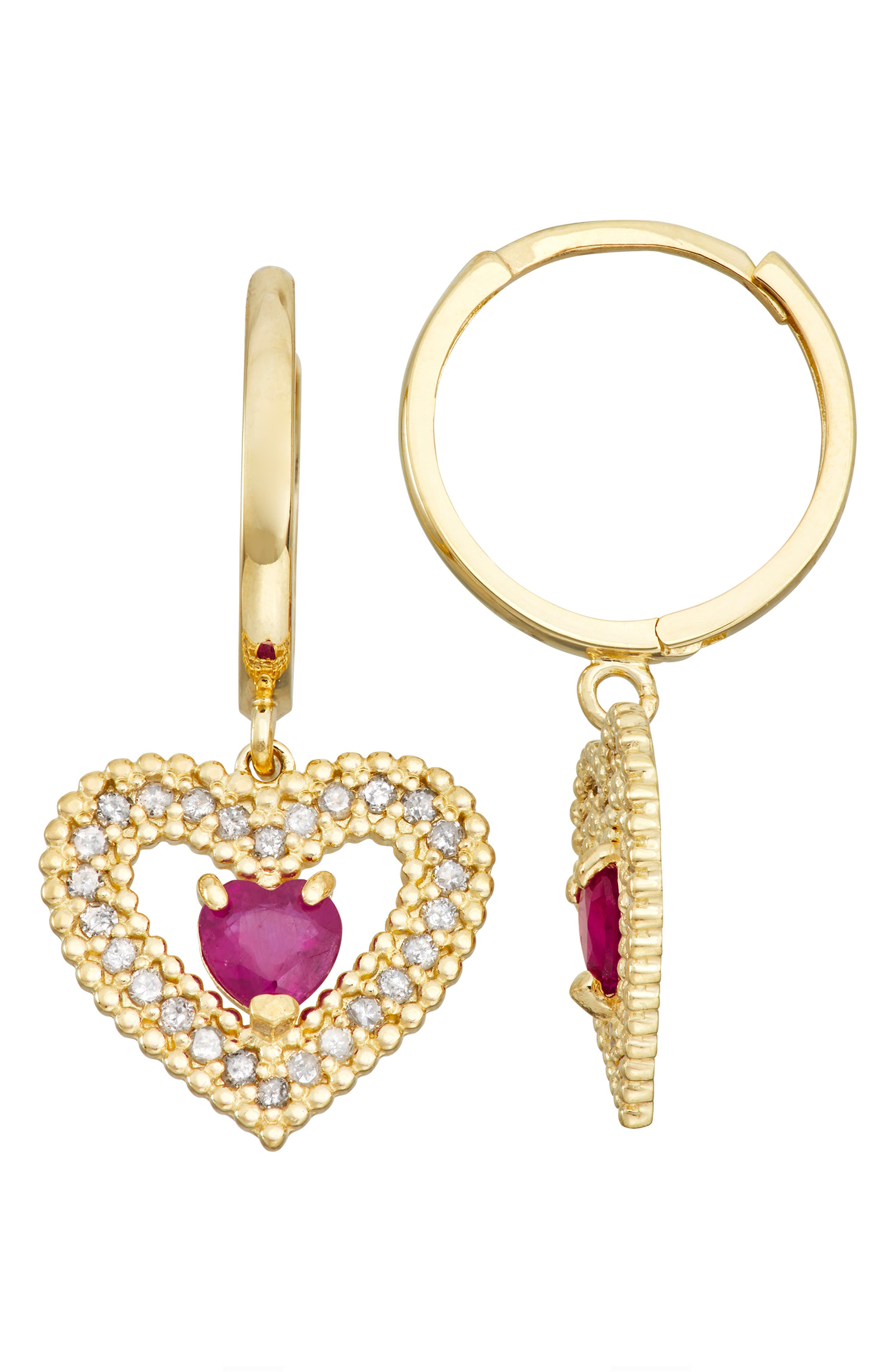 FZN 10K Gold Diamond & Ruby Heart Drop Hoop Earrings | Nordstromrack