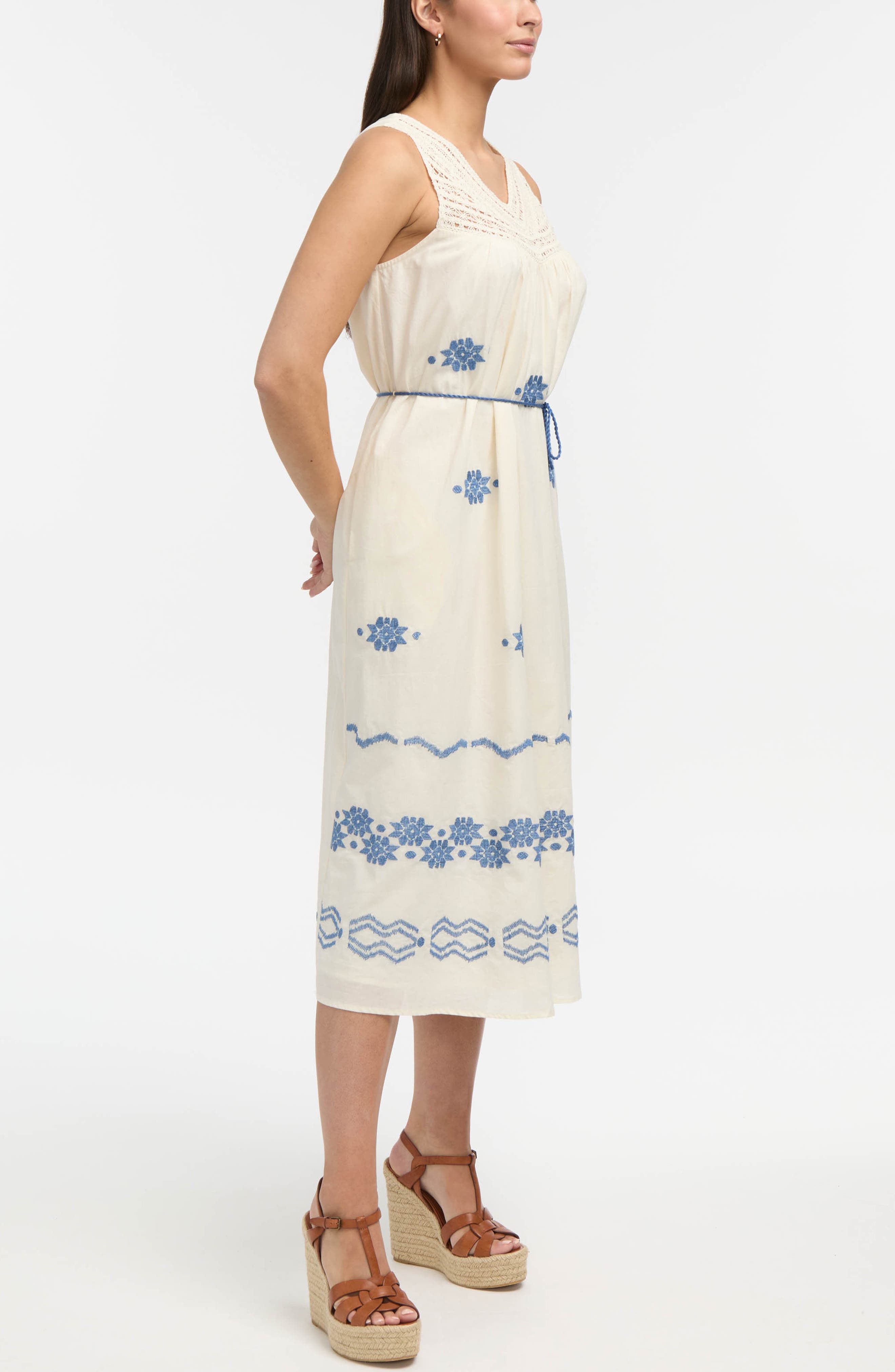 Ellen Tracy Crochet Trim Embroidered Midi Dress | Nordstromrack