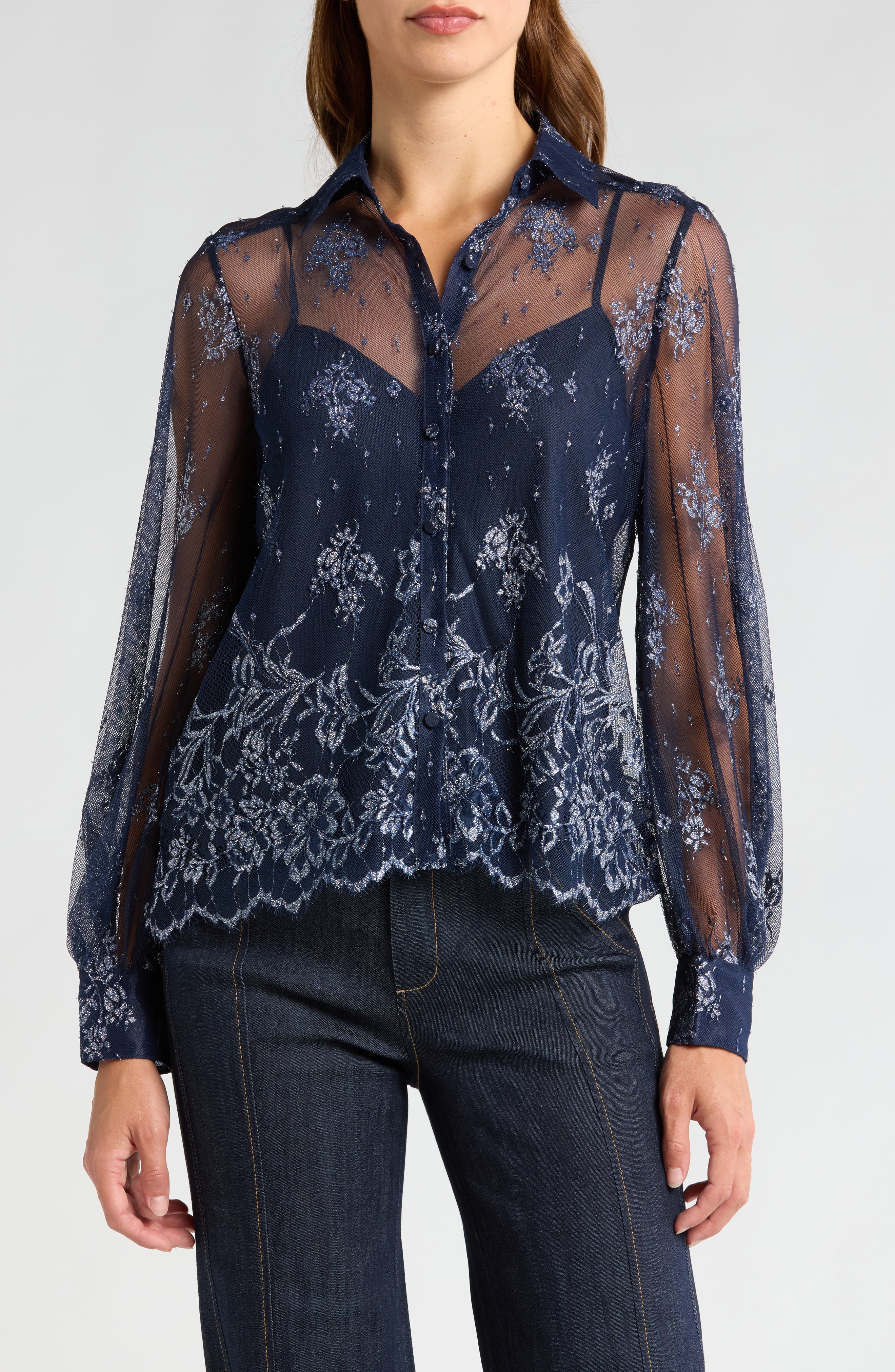 Cinq à Sept Kandice Metallic Floral Lace Button-Up Shirt | Nordstromrack