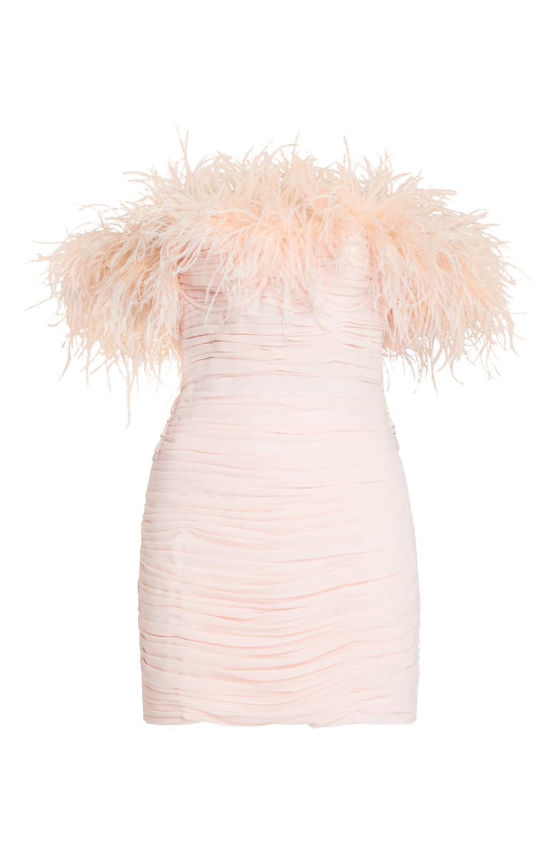 SAU LEE Chelsea Ruched Off the Shoulder Feather Trim Body-Con Dress ...
