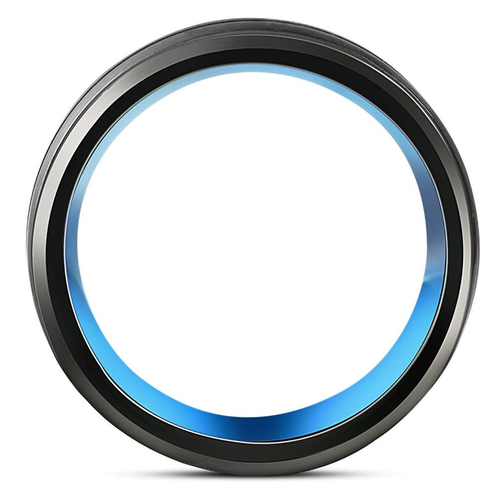 Men's Black & Blue Tungsten Ring Brushed Beveled Step Cut Wedding Band ...