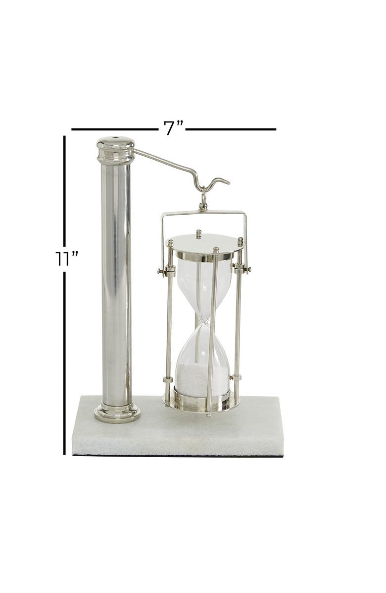 WILLOW ROW Silver Brass Hanging Sand Timer on Rectangular White Marble ...
