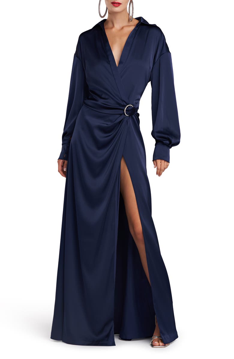 HALSTON Ivon Long Sleeve Satin Charmeuse Gown | Nordstromrack