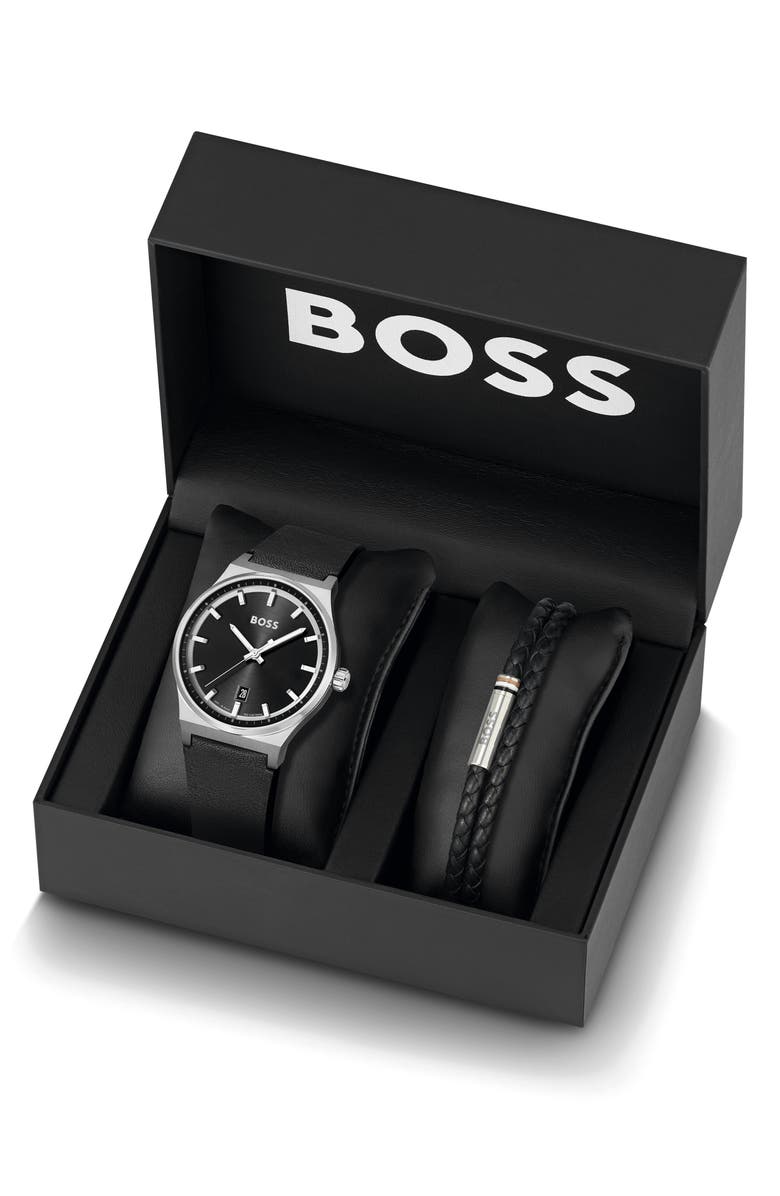 BOSS Candor Leather Strap Watch & Braided Wrap Bracelet Set | Nordstromrack