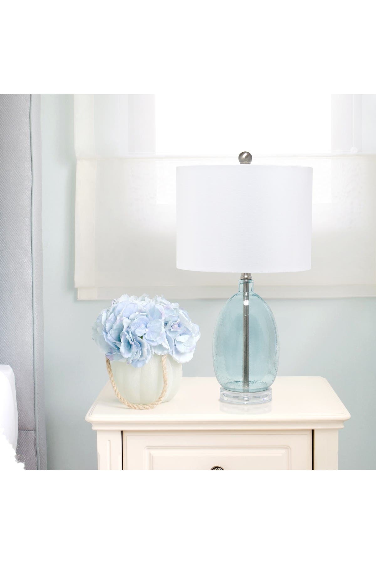 LALIA HOME Oval Glass Table Lamp with White Drum Shade - Clear Blue ...