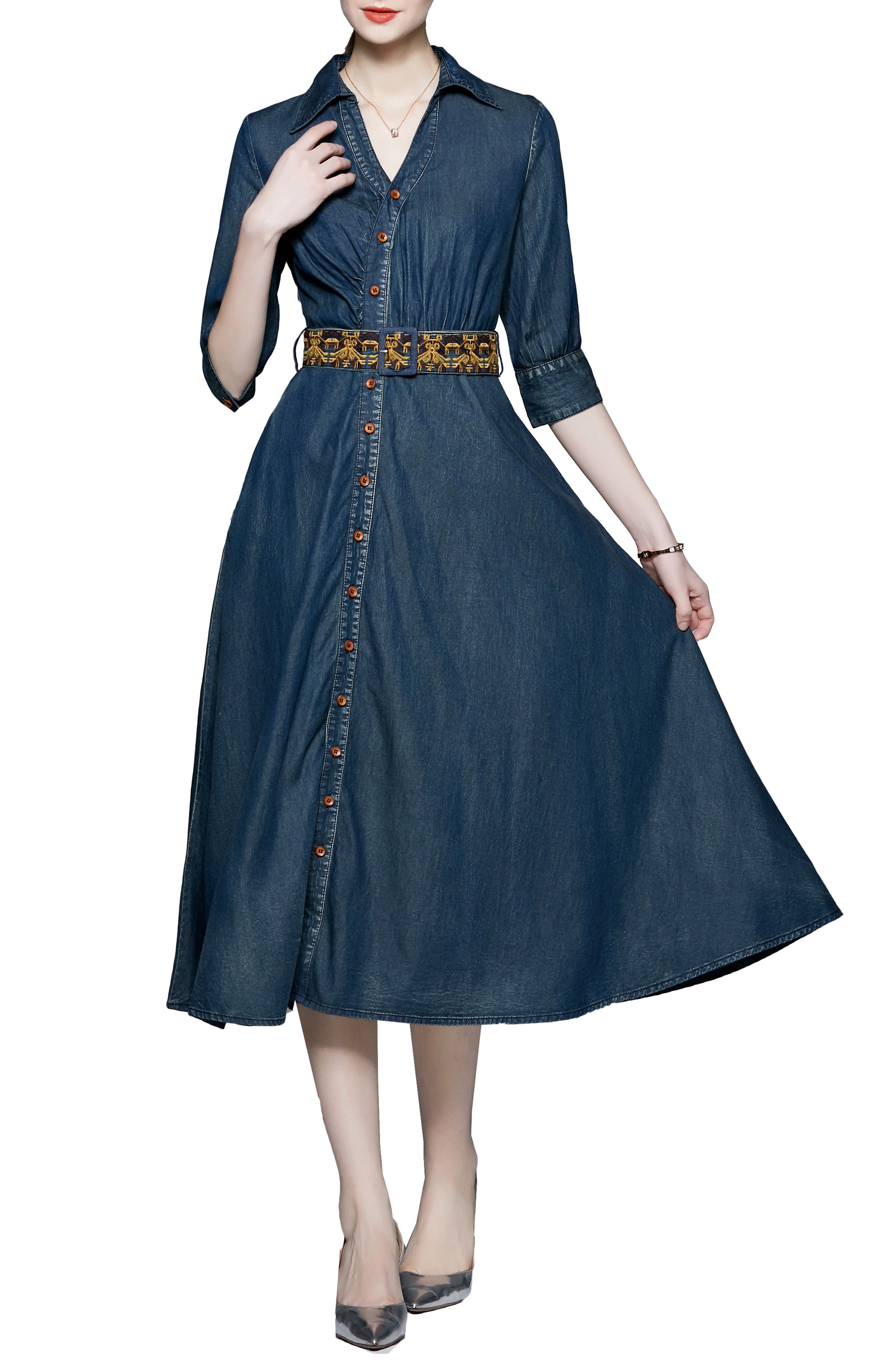 KAIMILAN Three-Quarter Sleeve Chambray Shirtdress | Nordstromrack