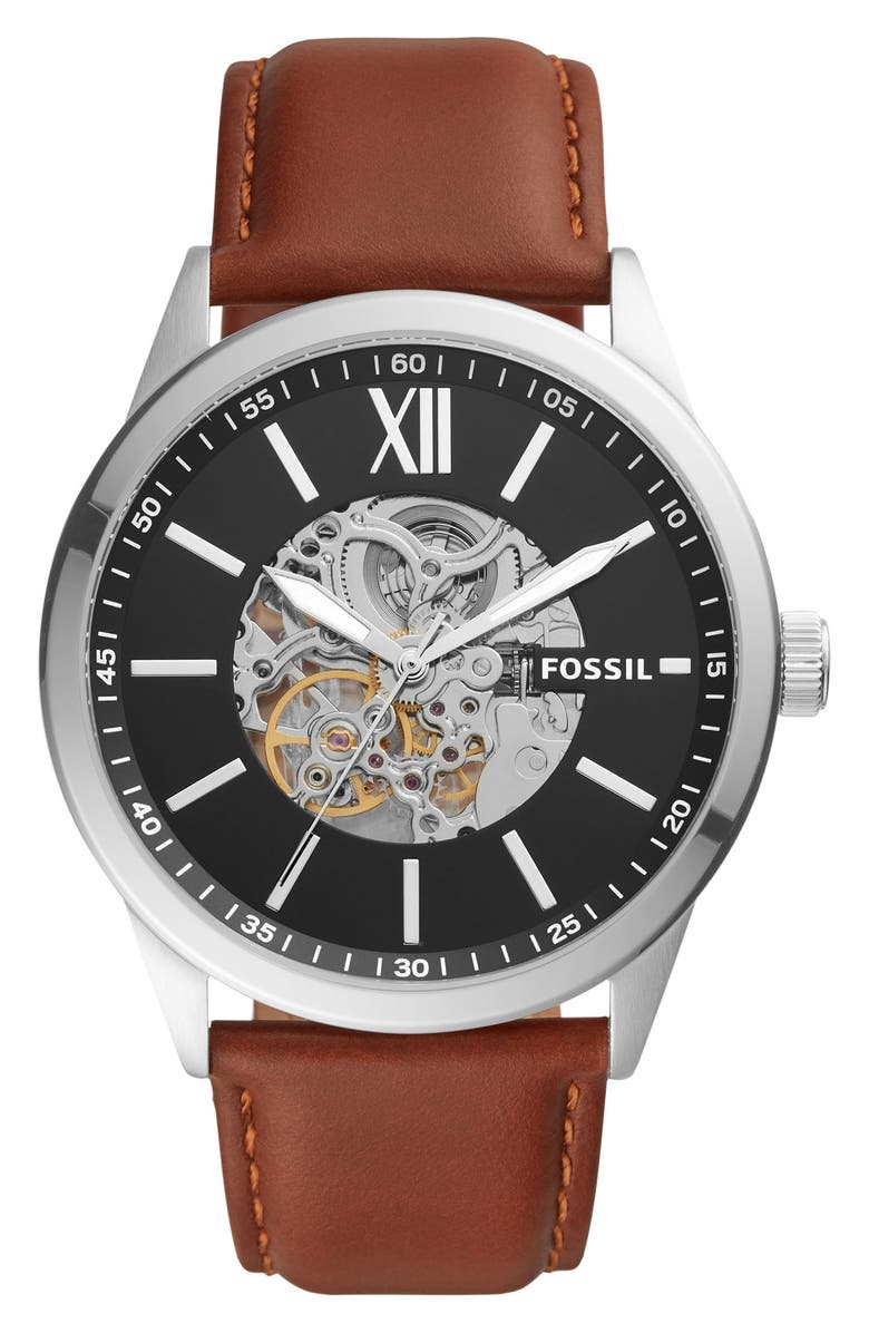 Fossil Men's Flynn Automatic Brown Leather Watch, 48mm | Nordstromrack