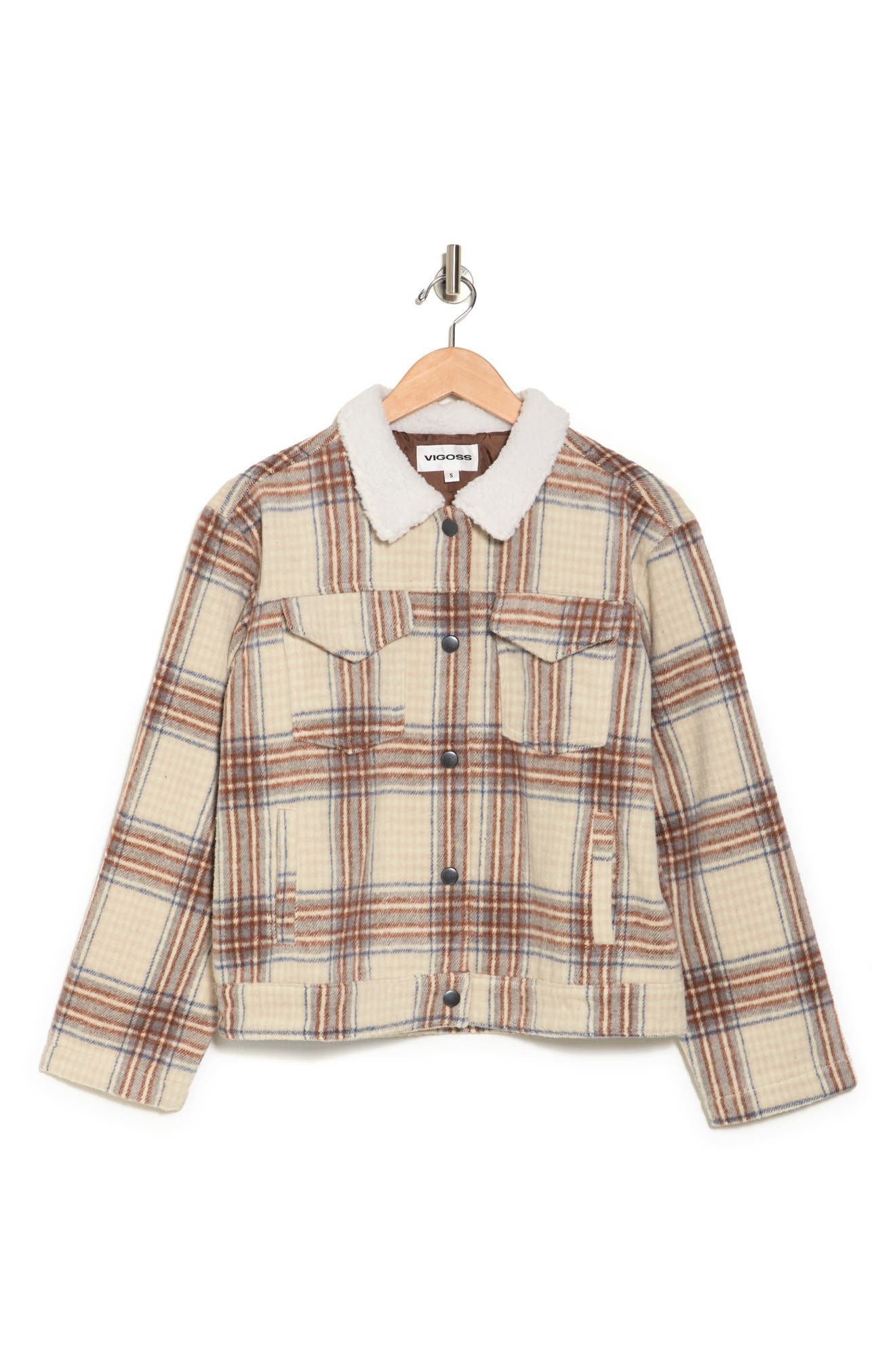 Vigoss Plaid Faux Shearling Collar Crop Trucker Jacket | Nordstromrack