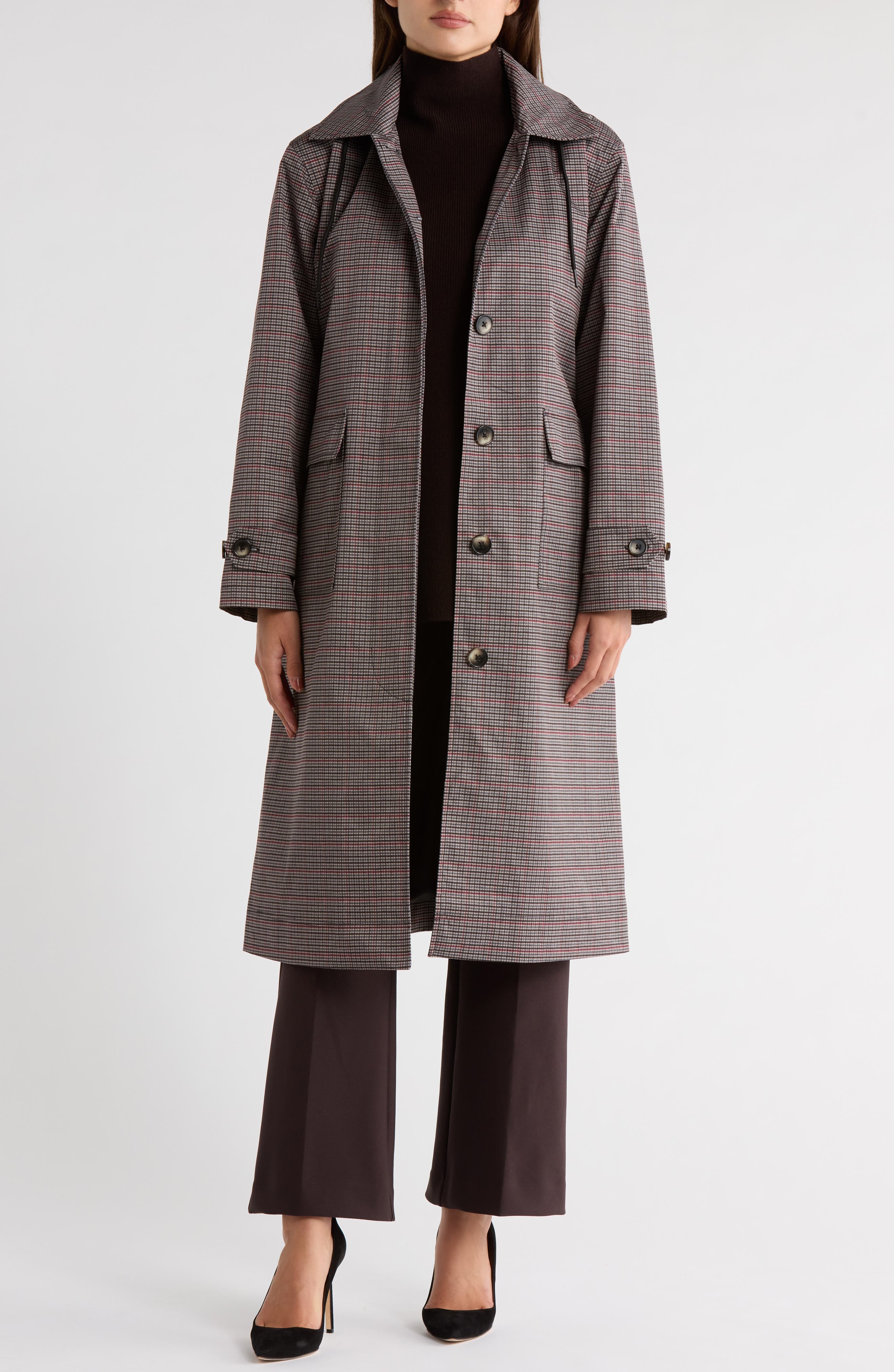 Bernardo Plaid Belted Hooded Long Raincoat | Nordstromrack