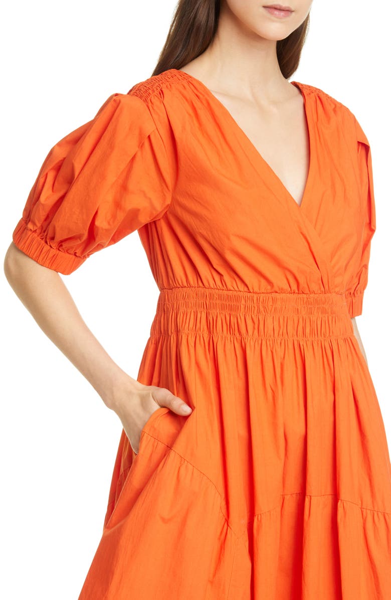 Self-Portrait Puff Sleeve Tie Back Cotton Midi Dress | Nordstrom