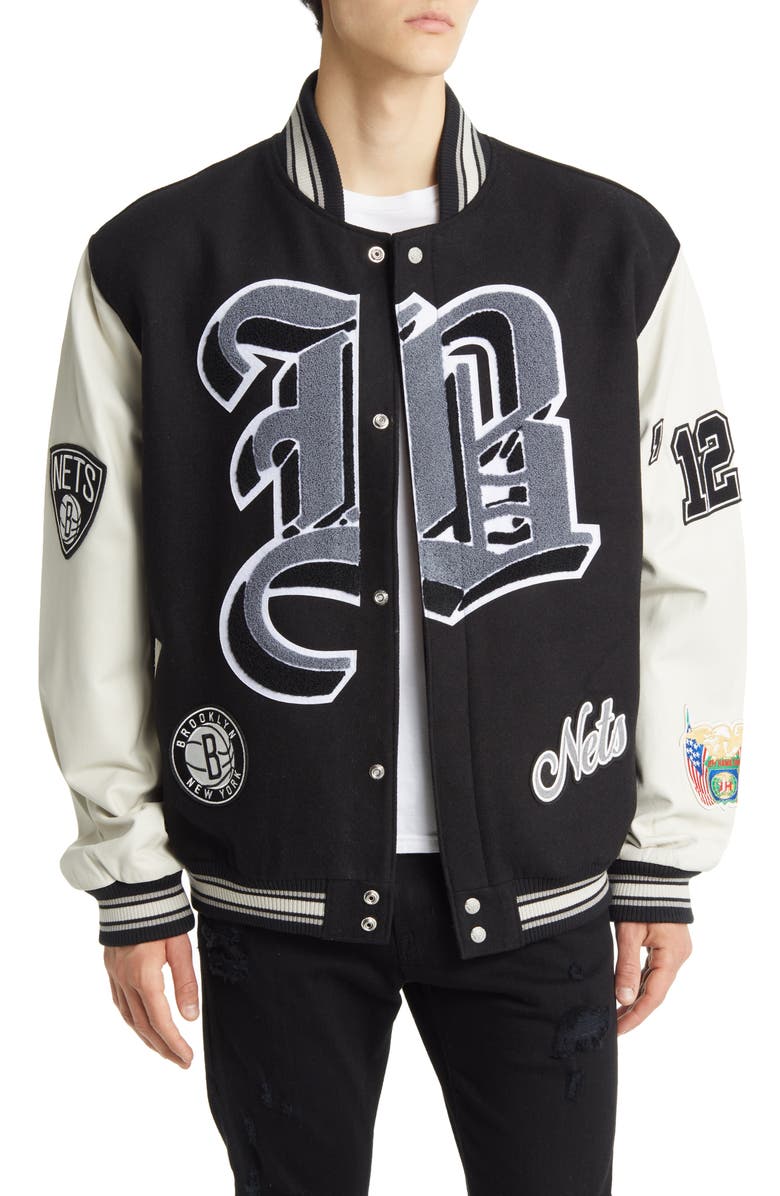 JEFF HAMILTON Brooklyn Nets Block Letter Wool Blend Varsity Jacket ...