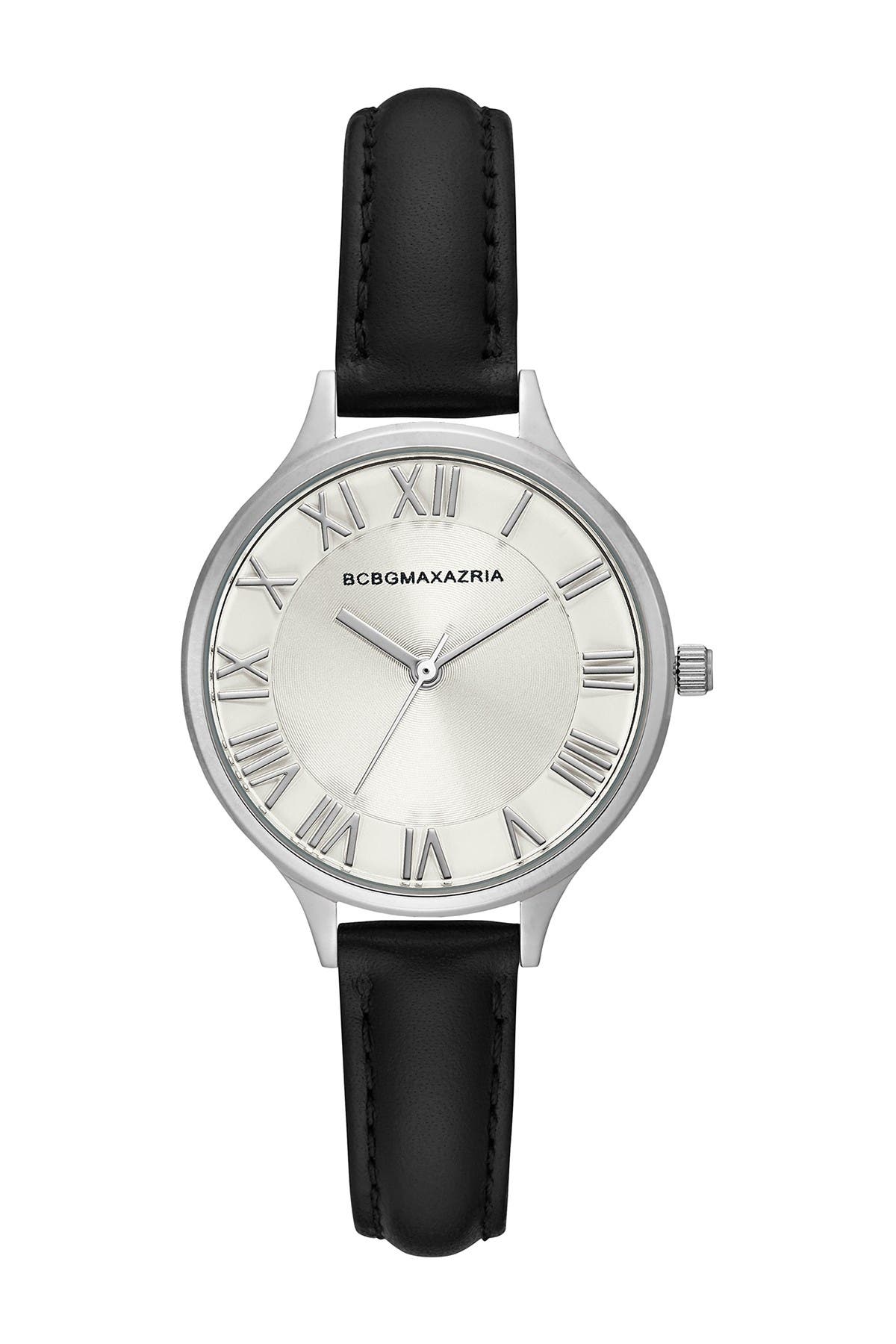 BCBGMAXAZRIA Silver Crystallized Dial Leather Watch, 33mm | Nordstromrack