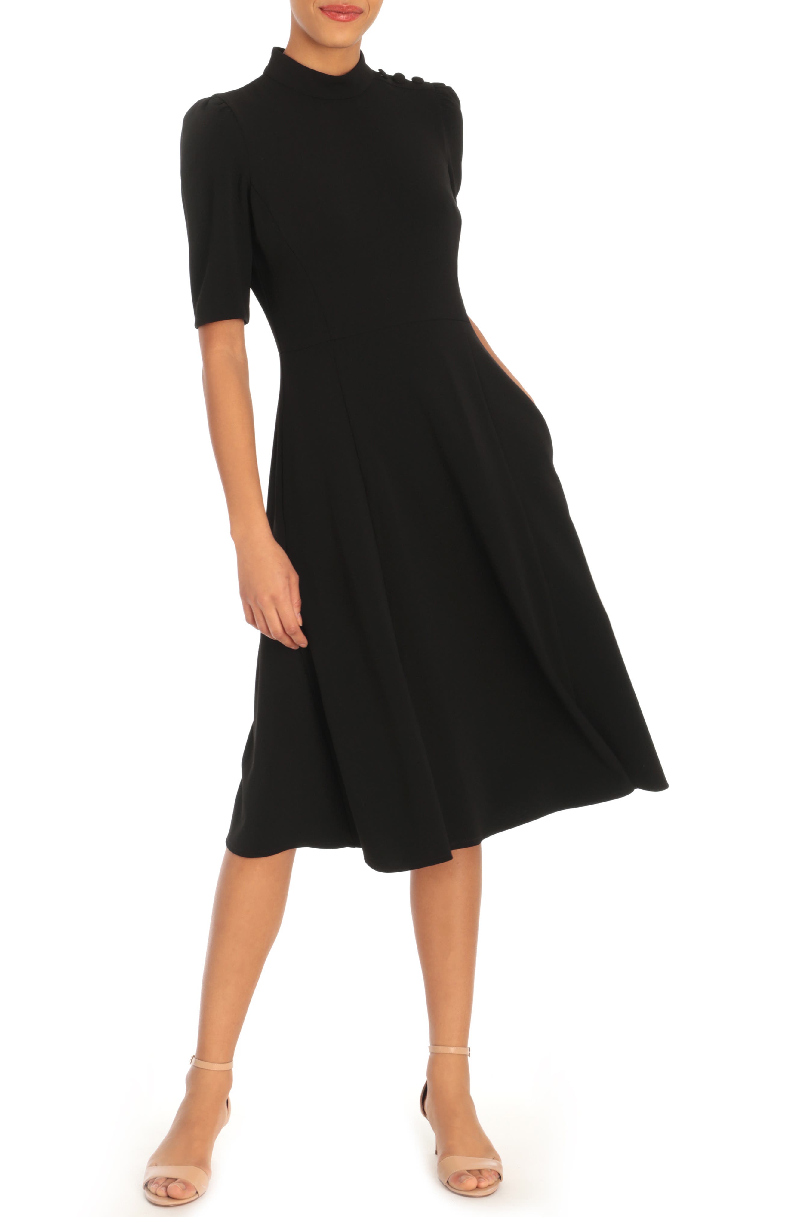 Donna Morgan Mock Neck Button Shoulder Fit & Flare Dress | Nordstromrack