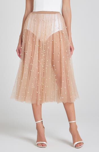 NADINE MERABI Blake Embellished Mesh Midi Skirt | Nordstrom