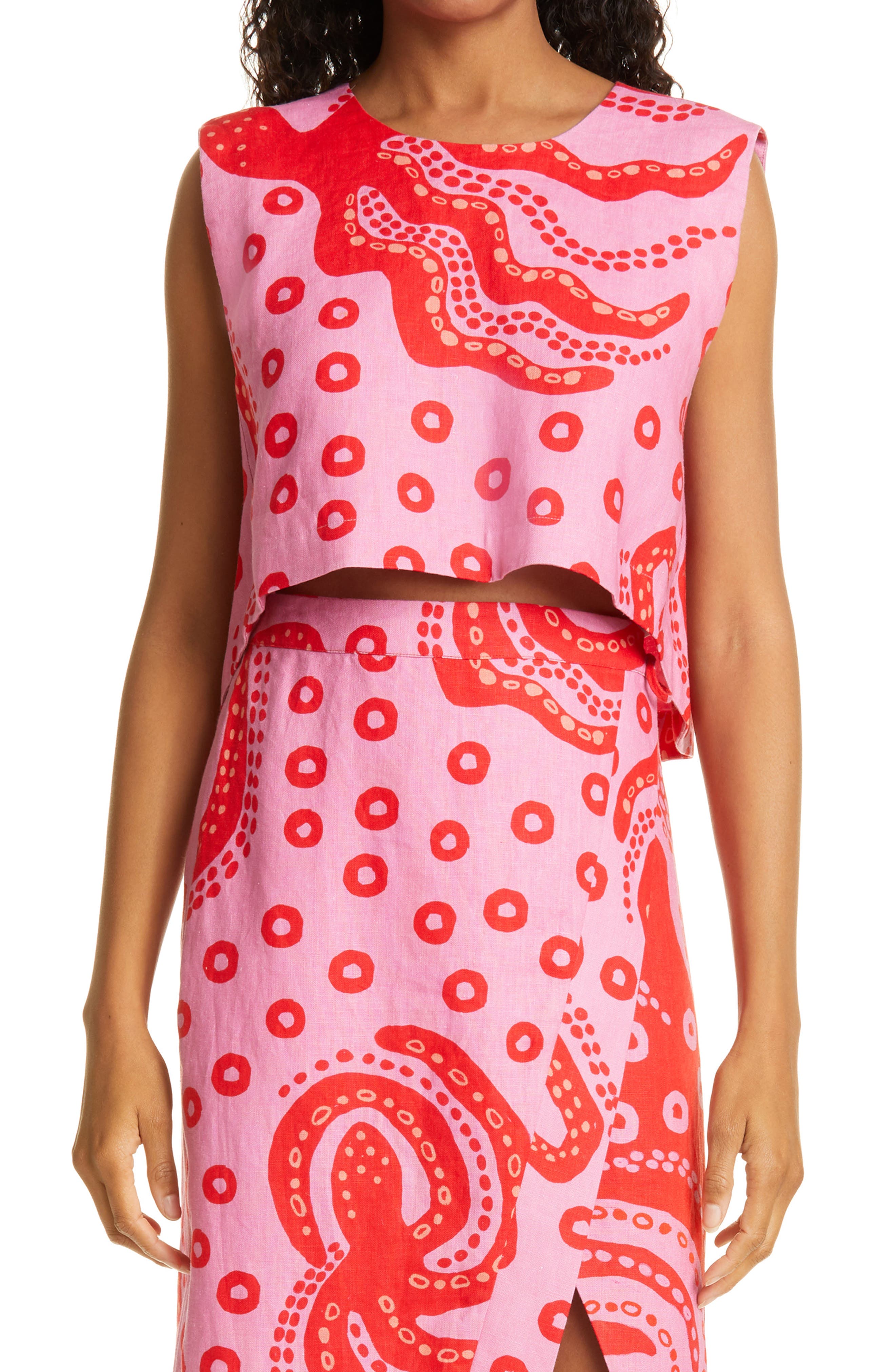 FARM Rio Octocool Print Split Back Linen Top | Nordstrom