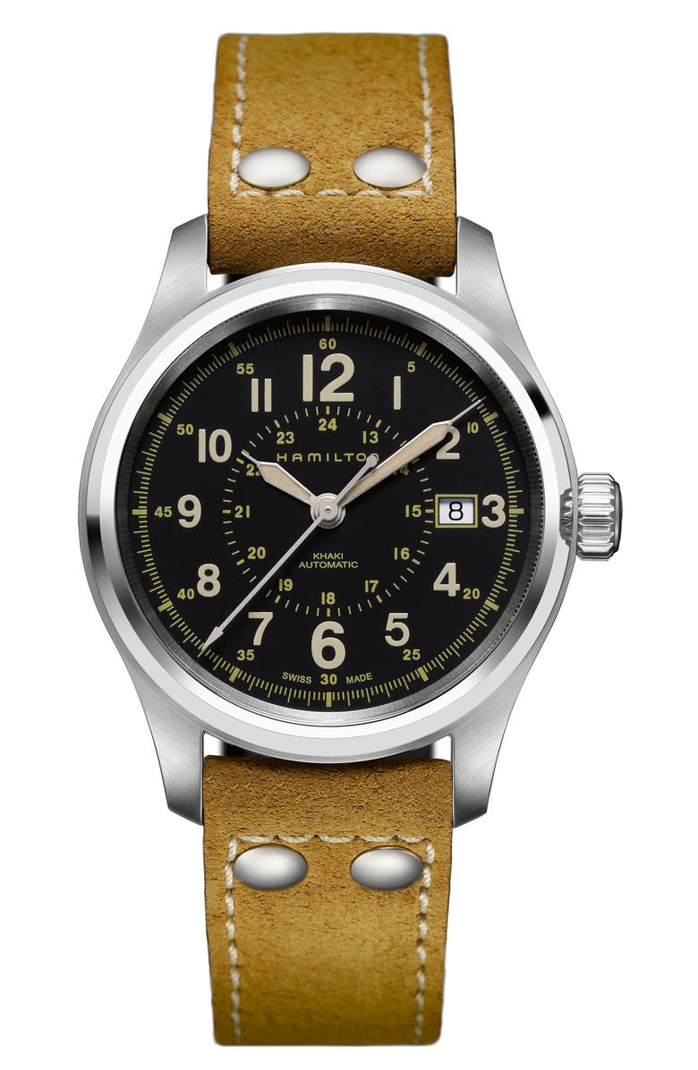 Hamilton Khaki Field Automatic Leather Strap Watch, 40mm | Nordstrom