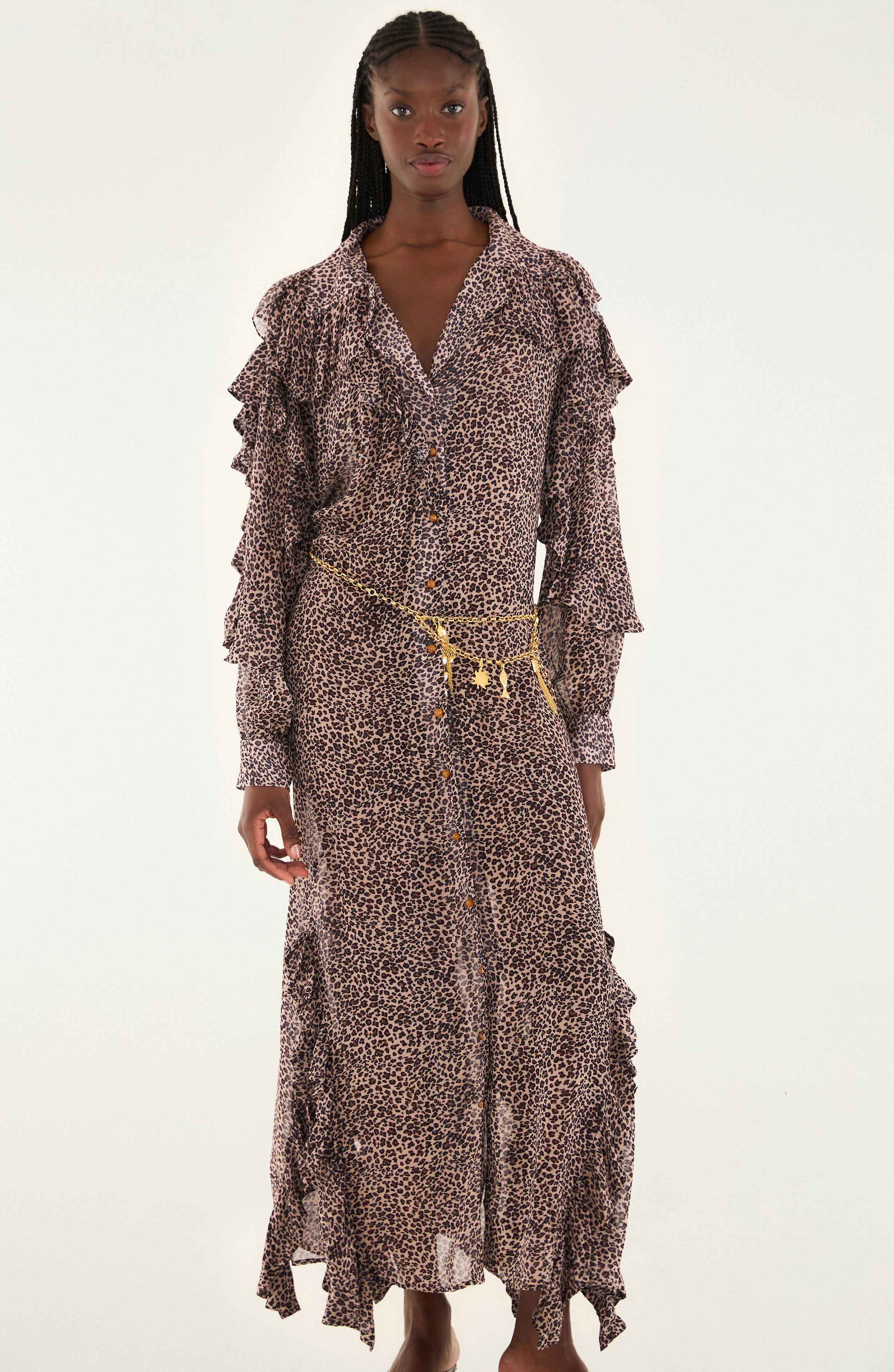 FARM Rio Baby Leopard Ruffle Long Sleeve Maxi Shirtdress | Nordstromrack