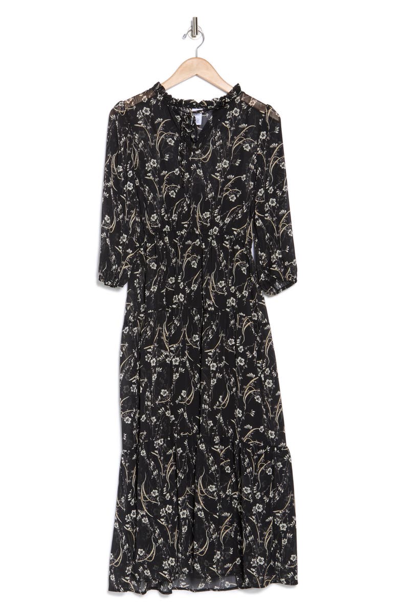Melrose and Market Floral Tie Neck Long Sleeve Tiered Midi Dress ...