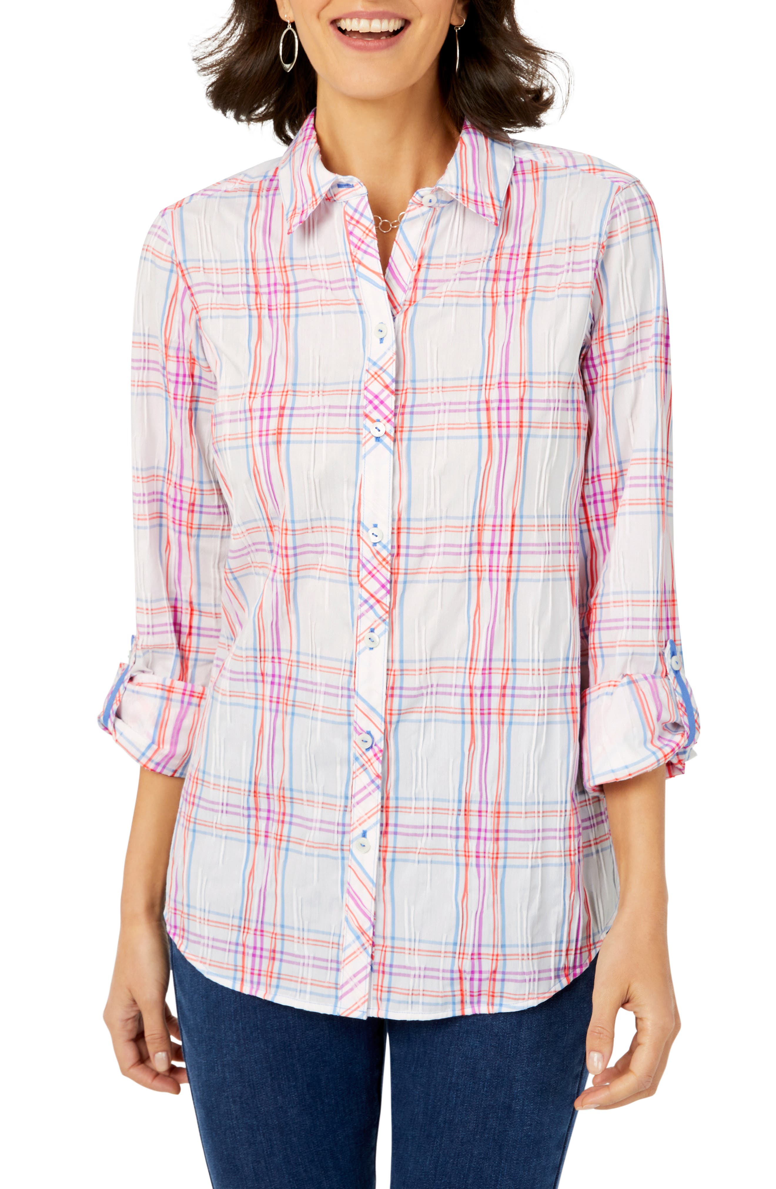 Foxcroft Zoey Crinkled Plaid Roll Sleeve Blouse | Nordstrom