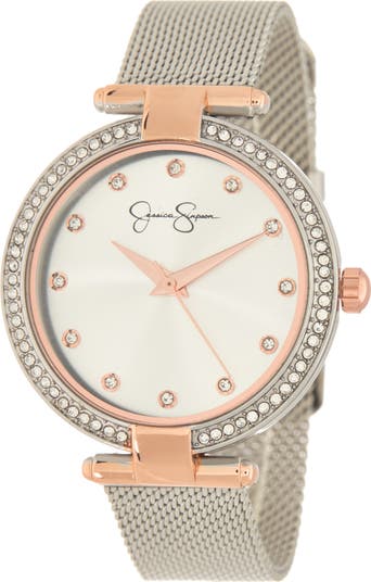 Jessica Simpson Crystal Two-Tone Mesh Strap Watch | Nordstromrack