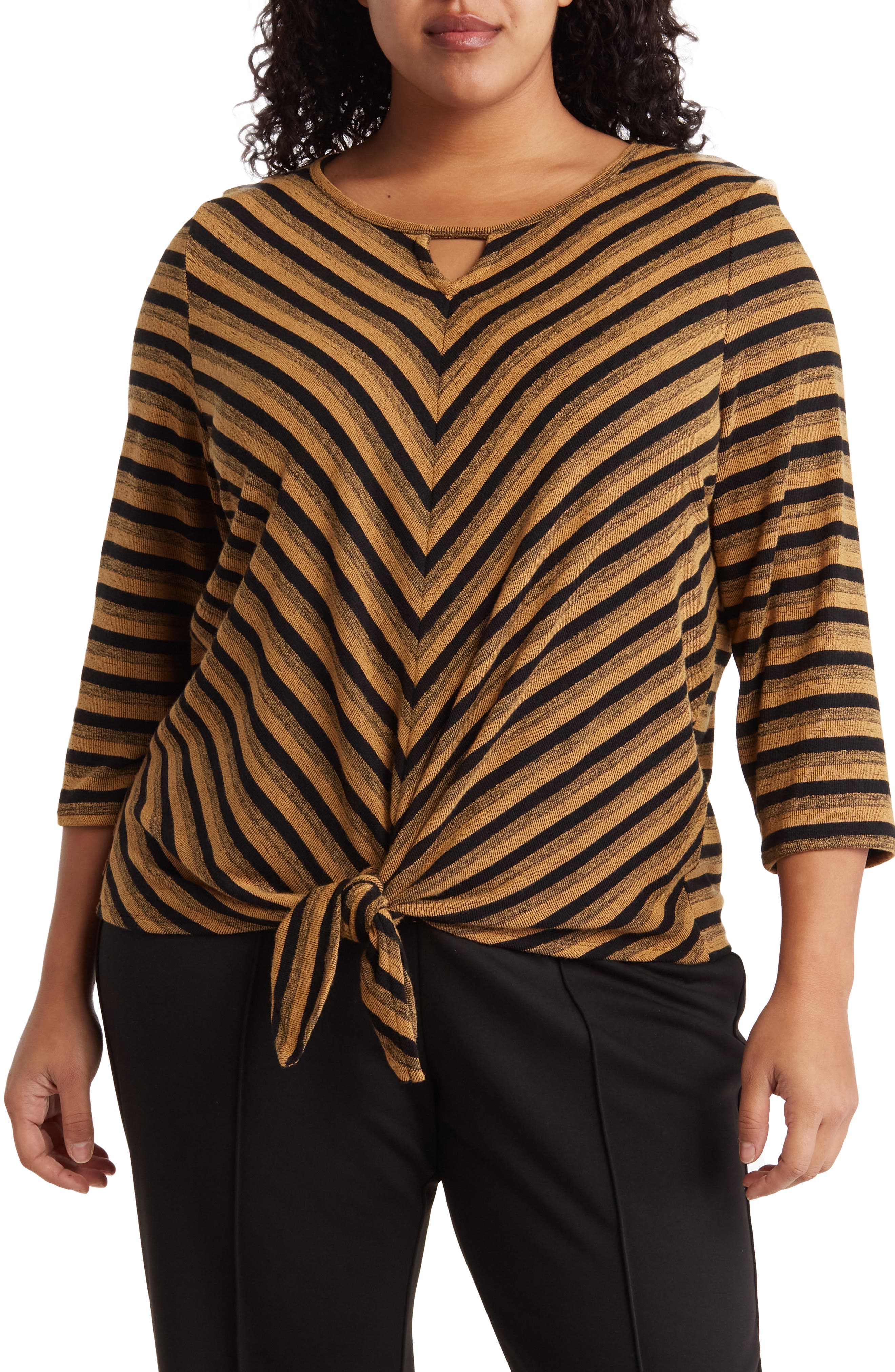 RUBY RD Ribbed Stripe Long Sleeve Front Tie Pullover | Nordstromrack