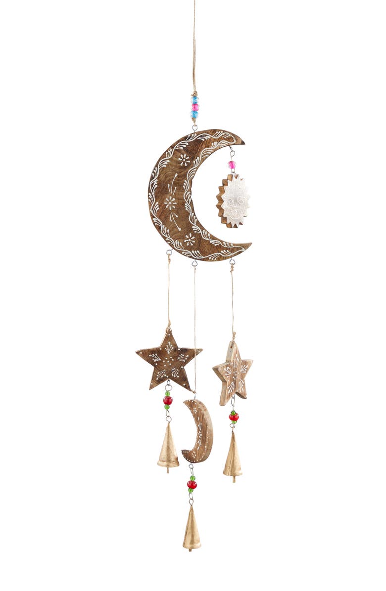 GINGER BIRCH STUDIO Goldtone Mango Wood Moon & Sun Windchime with Glass ...