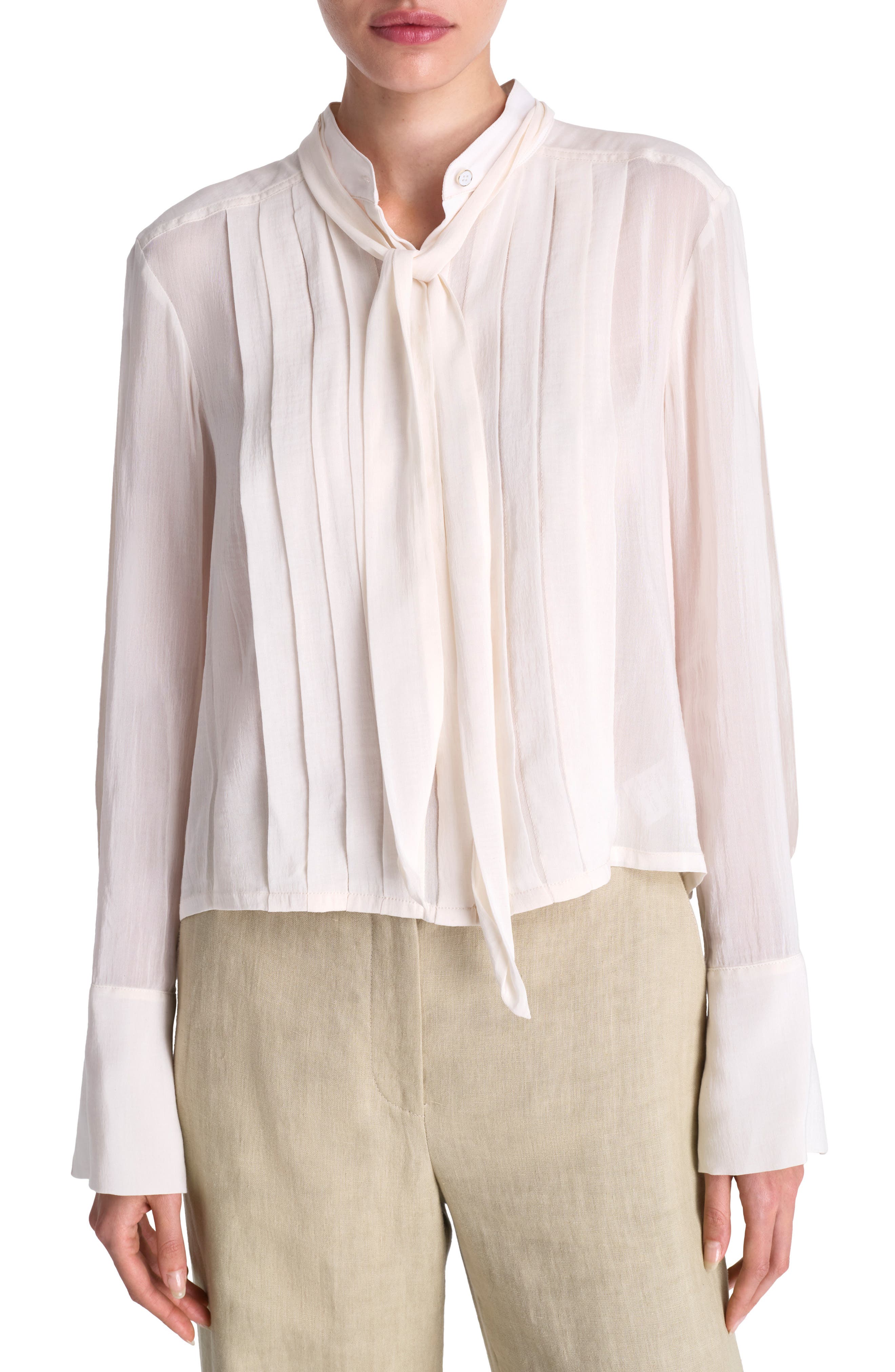 TWP Patti Tie Neck Pleat Detail Cotton & Silk Button-Up Shirt ...