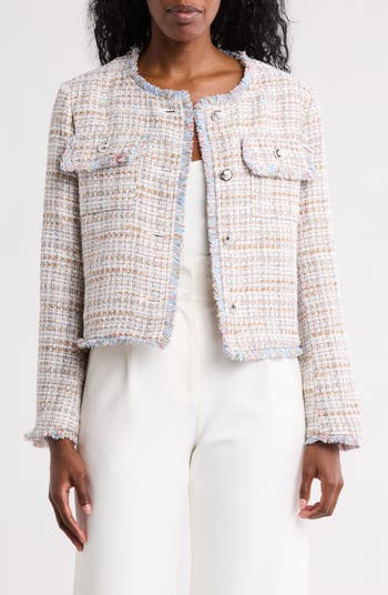PLM Plaid Frayed Hem Tweed Crop Jacket | Nordstromrack