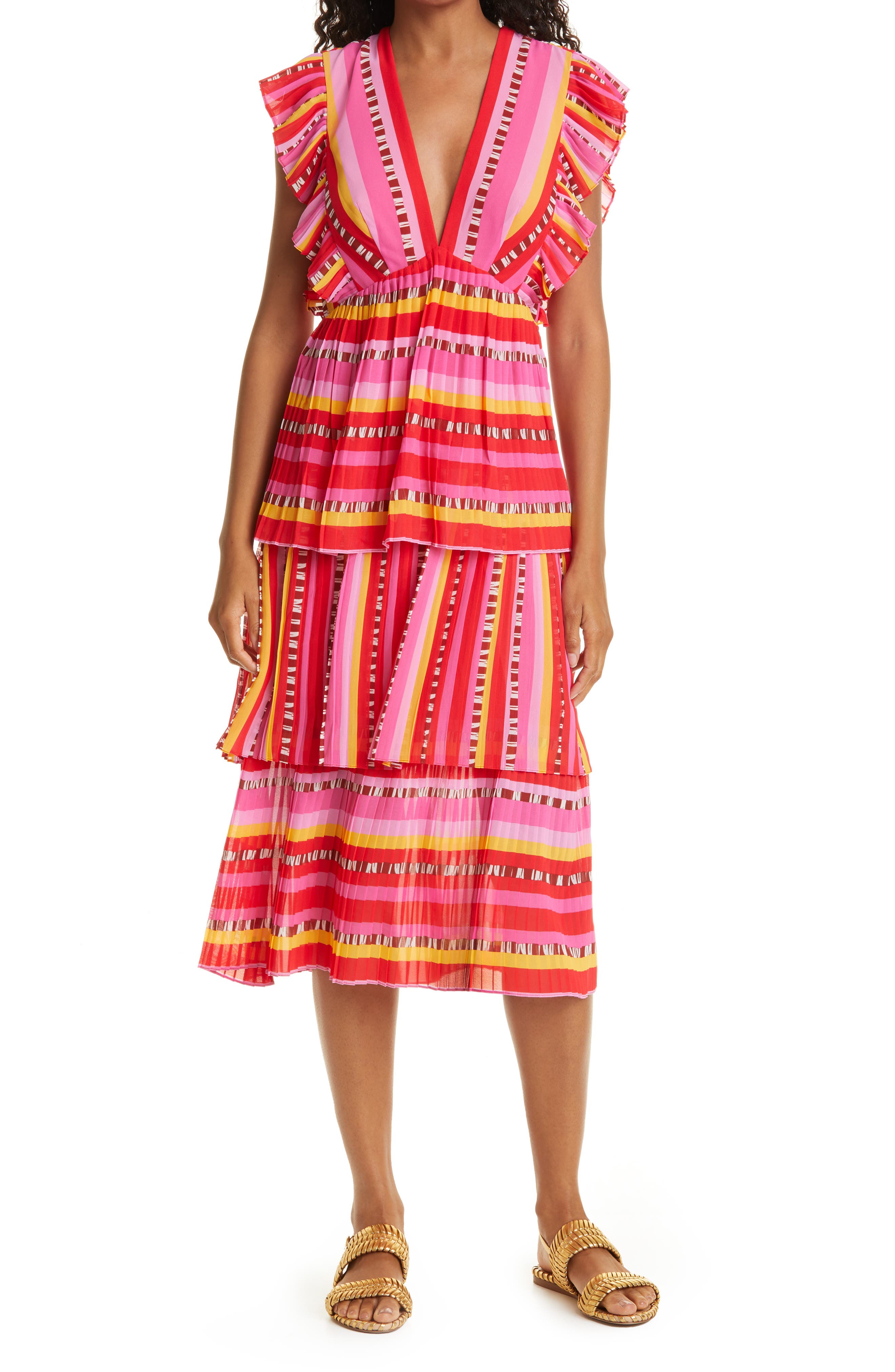 FARM Rio Lucy Stripes Tiered Pleated Midi Dress | Nordstrom