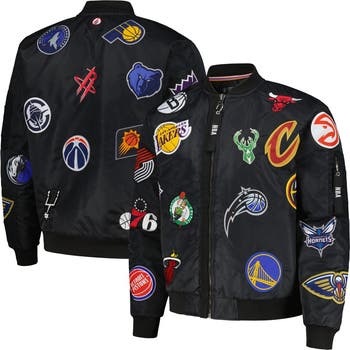 FISLL Men's FISLL Black NBA All Logo Aviator Flight Bomber Jacket ...