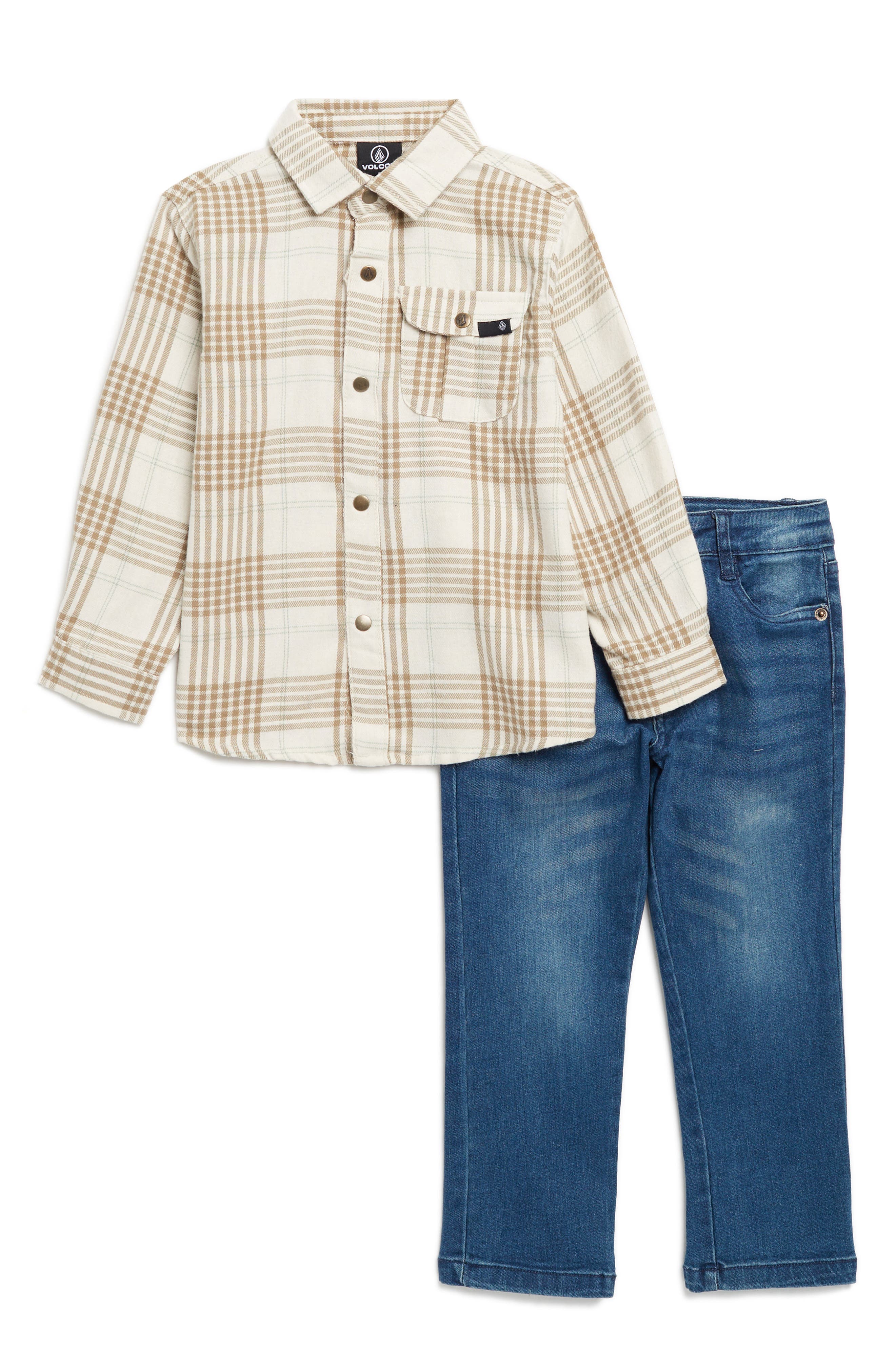 VOLCOM BABY Kids' Plaid Flannel & Denim Jeans Set | Nordstromrack