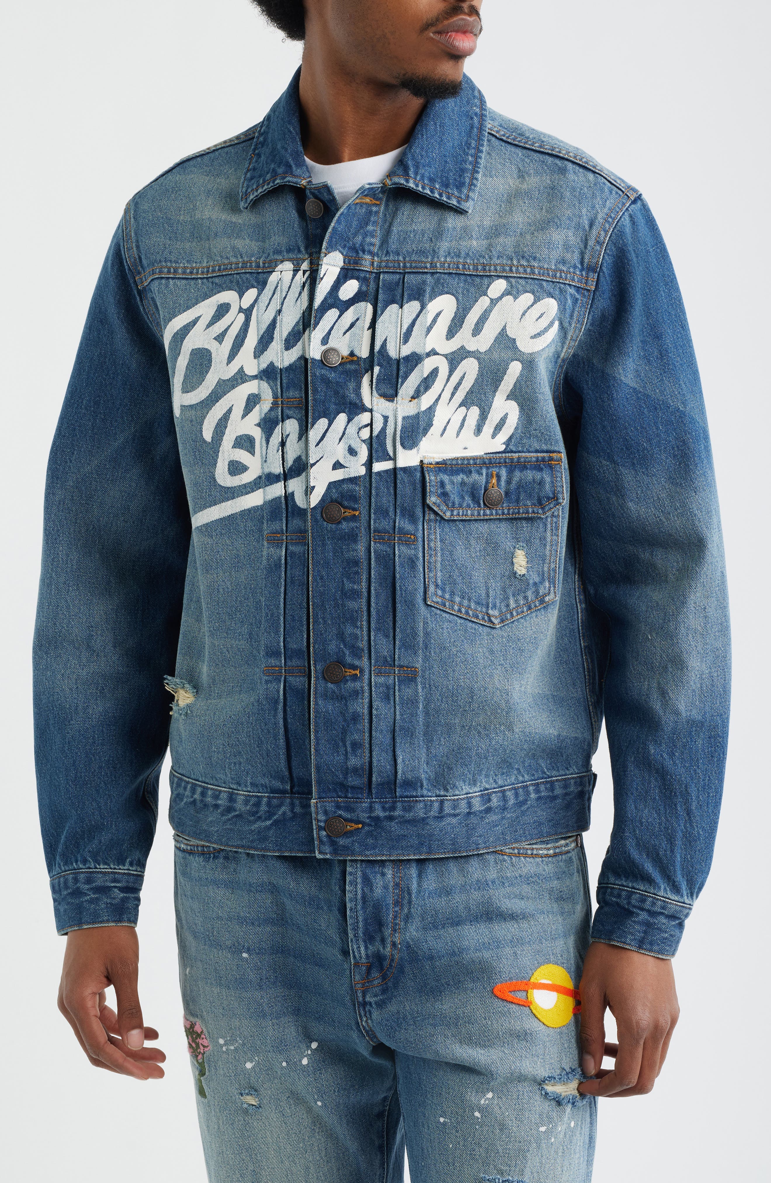 Billionaire Boys Club Script Logo Distressed Denim Trucker Jacket ...