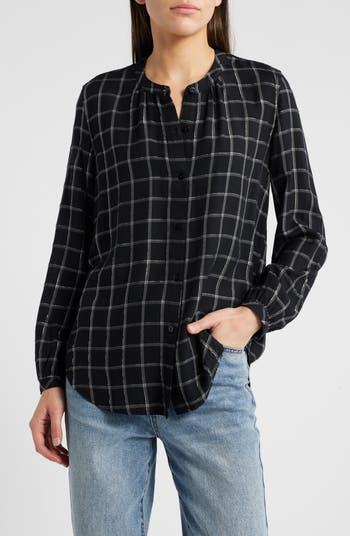 Rails Eloise Metallic Windowpane Band Collar Button-Up Shirt ...