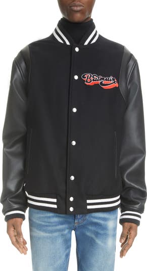 Balmain Mixed Media Logo Patch Leather & Virgin Wool Varsity Jacket ...