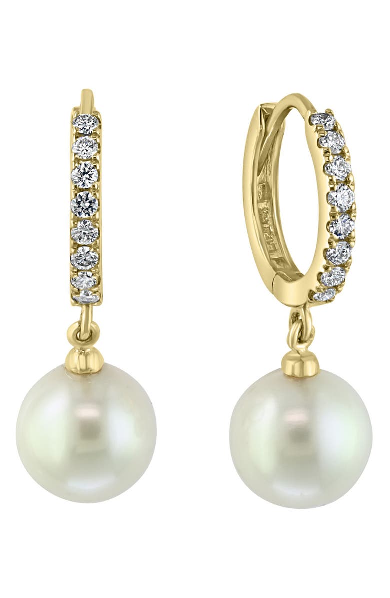 EFFY 14K Yellow Gold Pavé Diamond 10-11mm Cultured Pearl Drop Huggie ...