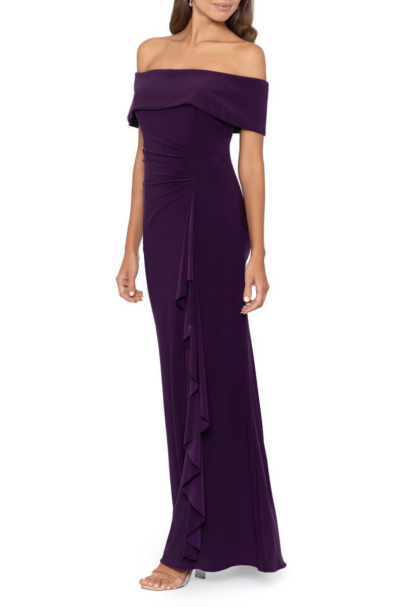 Xscape Evenings Off the Shoulder Ruffle Scuba Gown | Nordstrom