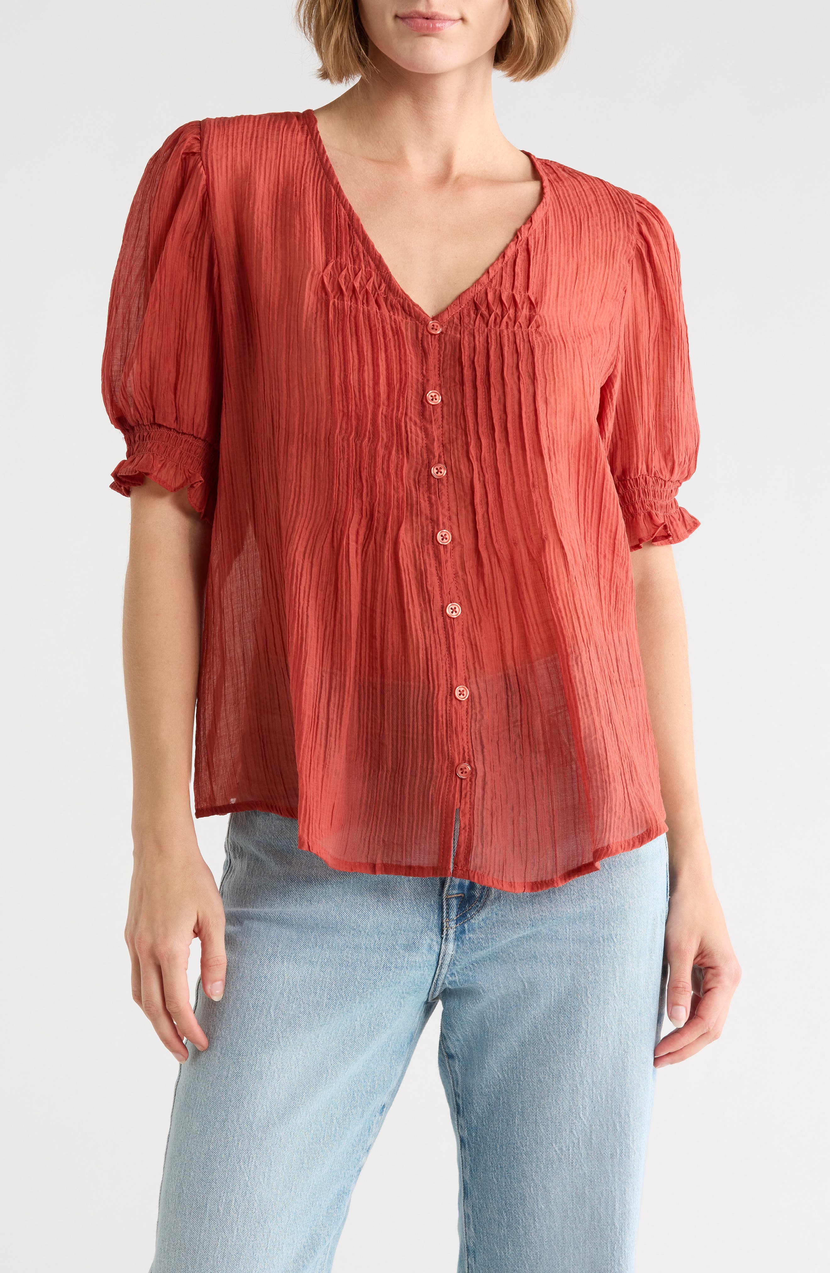 Pintuck V-Neck Puff Sleeve Top (Women) | Nordstromrack