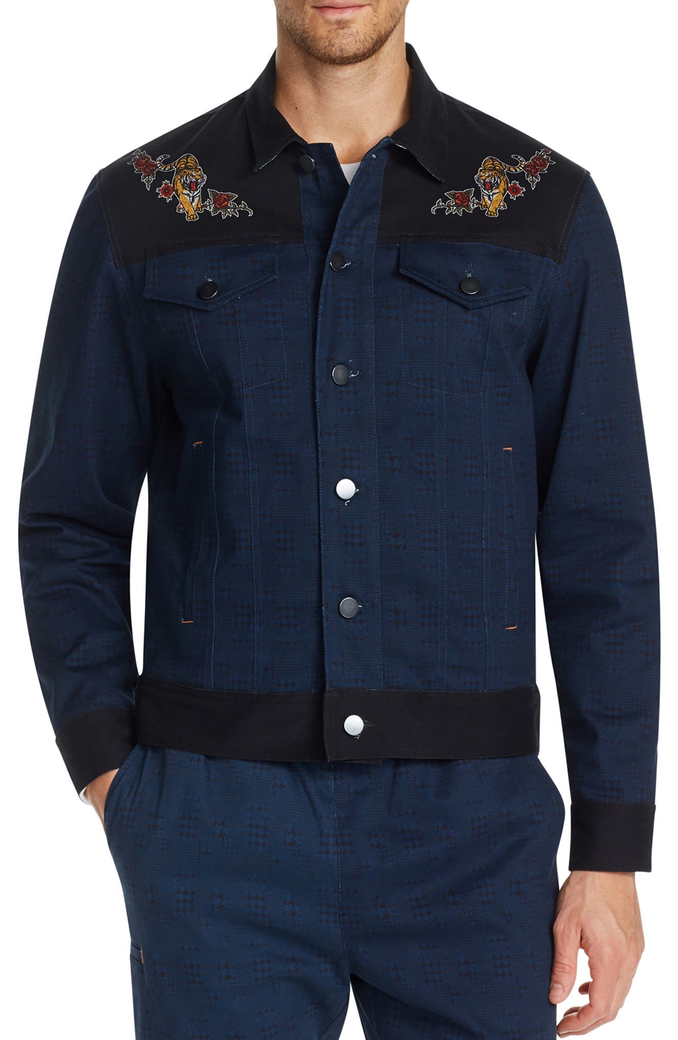 Tallia Navy Tiger Houndstooth Print Trucker Jacket | Nordstromrack