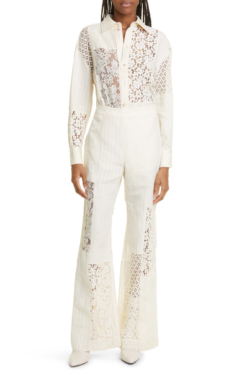 Zimmermann Pinstripe & Lace Patchwork Flare Leg Linen & Silk Pants ...