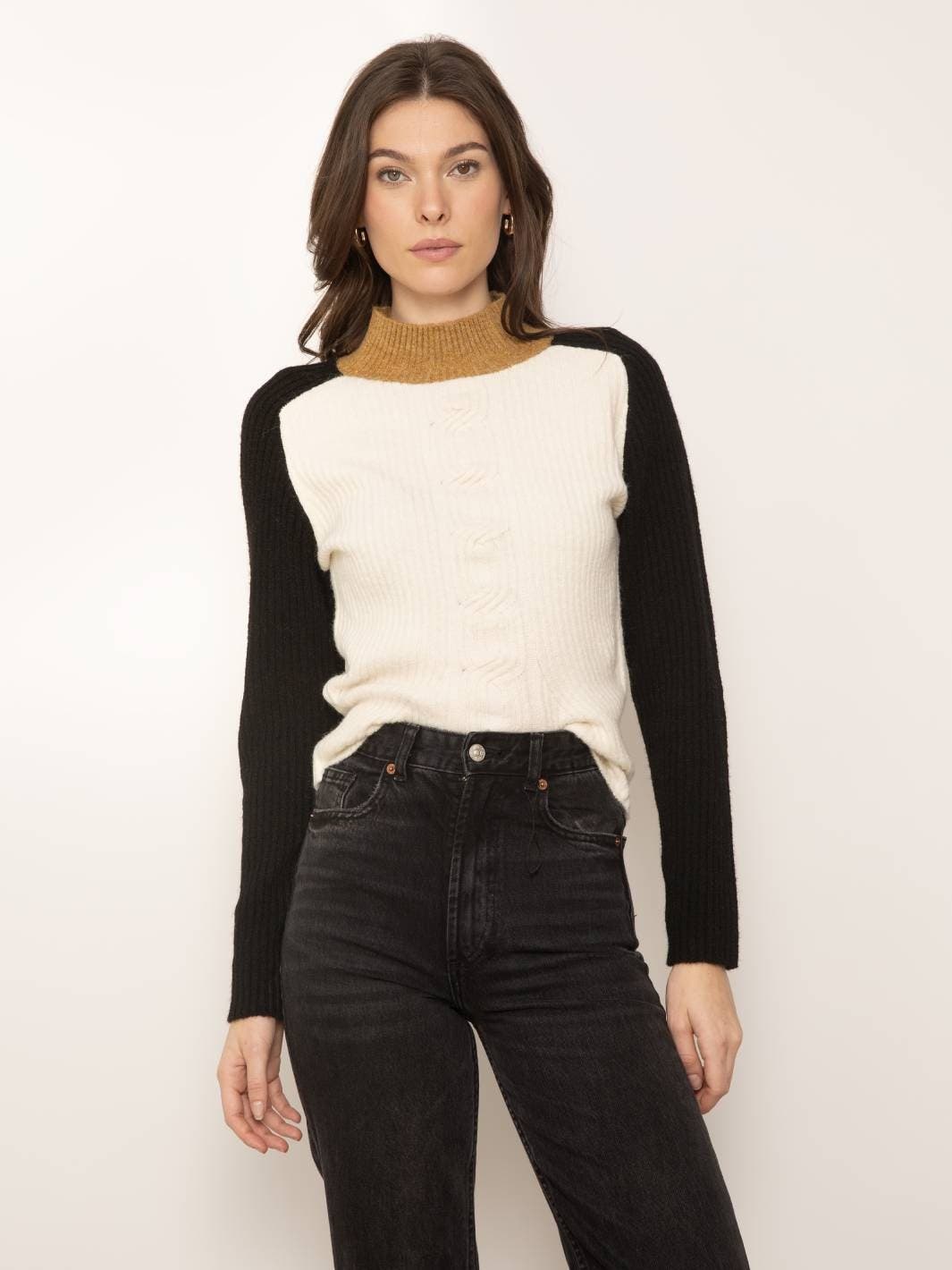 Central Park West Deacon Tuck Neck Cable Sweater | Nordstrom