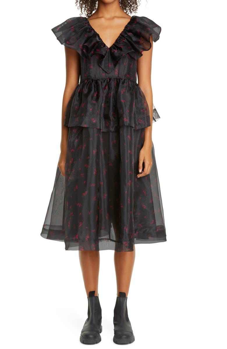 Ganni Floral Print Organza Midi Dress | Nordstromrack