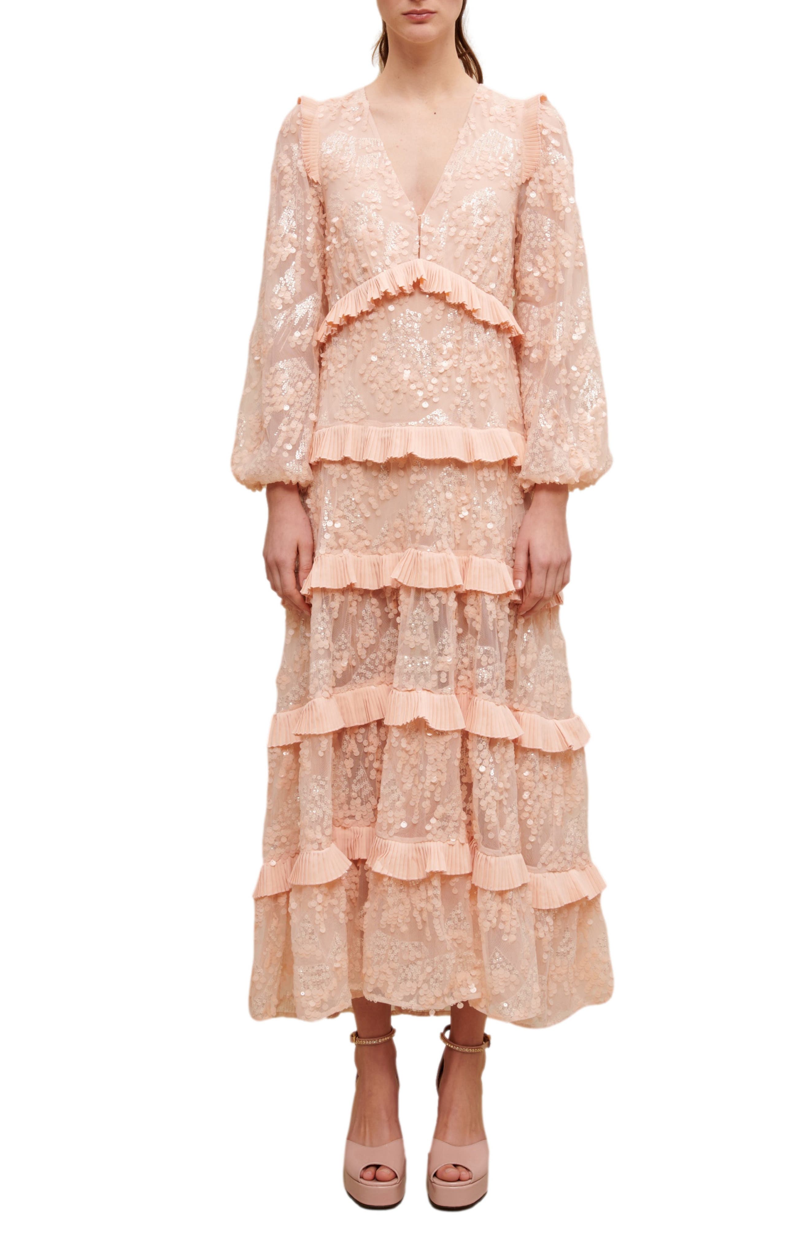 maje Rosean Sequin Long Sleeve Tiered Dress | Nordstrom