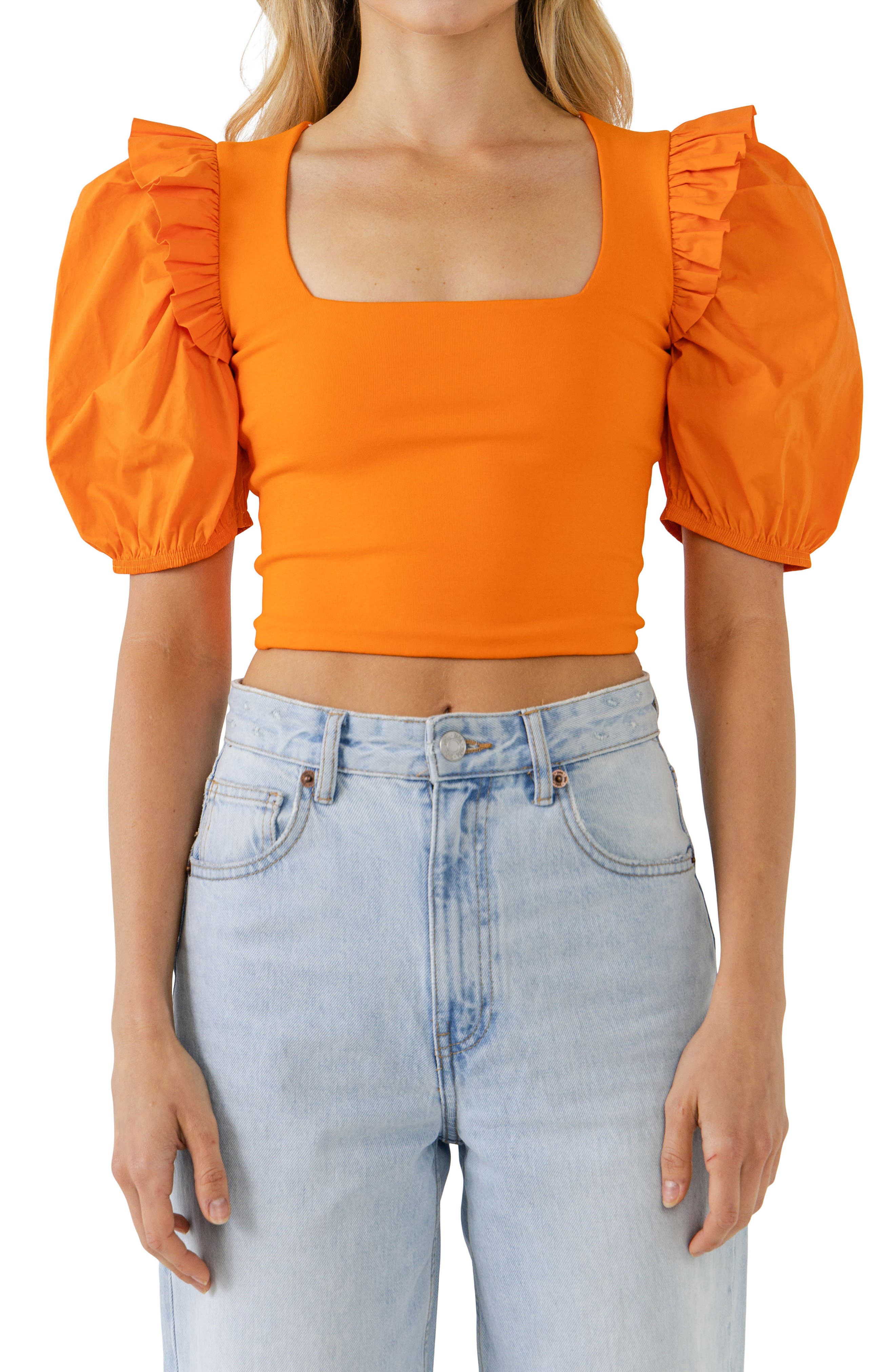 English Factory Mixed Media Puff Sleeve Crop Top | Nordstromrack