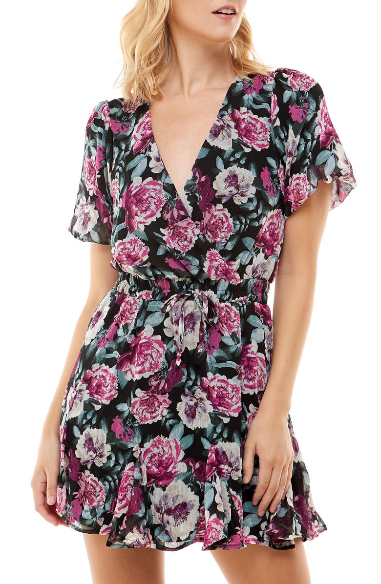 Row A Surplice Neck Short Sleeve Floral Print Godet A-Line Dress ...