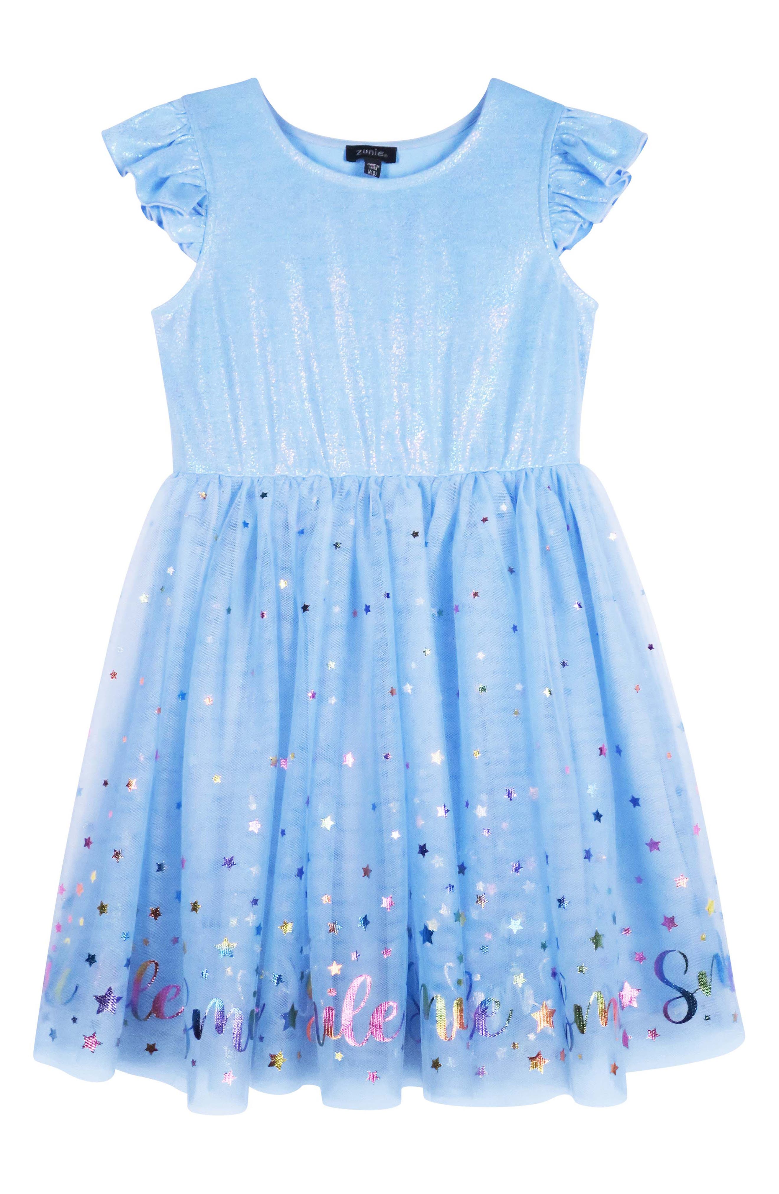 Zunie Kids' Smile Foil Flutter Sleeve Mesh Dress | Nordstromrack