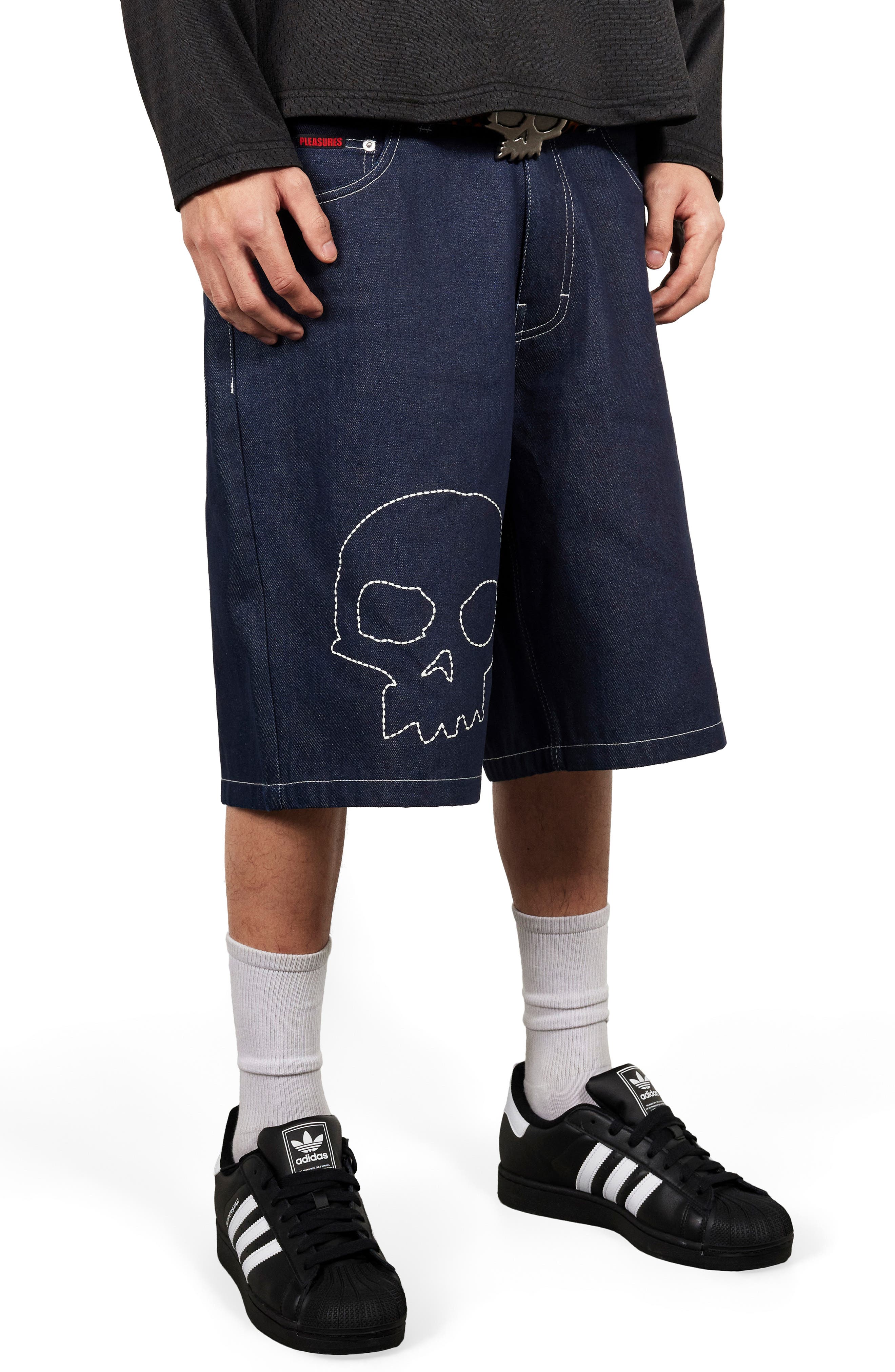 PLEASURES X Zero Skateboards Skull Embroidered Denim Shorts | Nordstrom